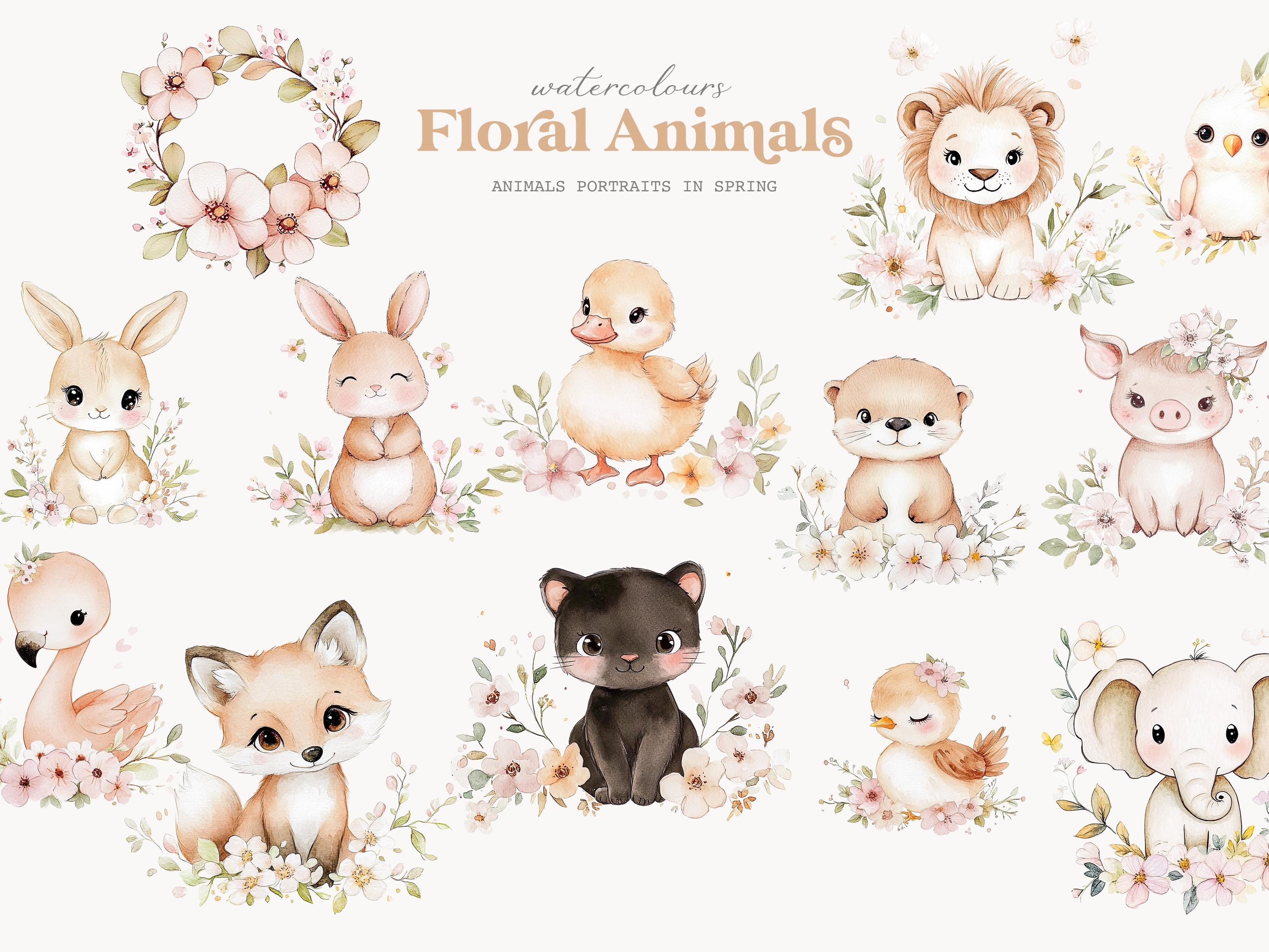 Watercolor Animals Portraits With Flowers - Spring Animals With Flowers ...
