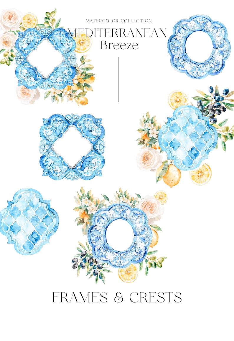 Mediterranean Watercolor Clipart - Mediterranean Tiles & Frames - Lemon ...