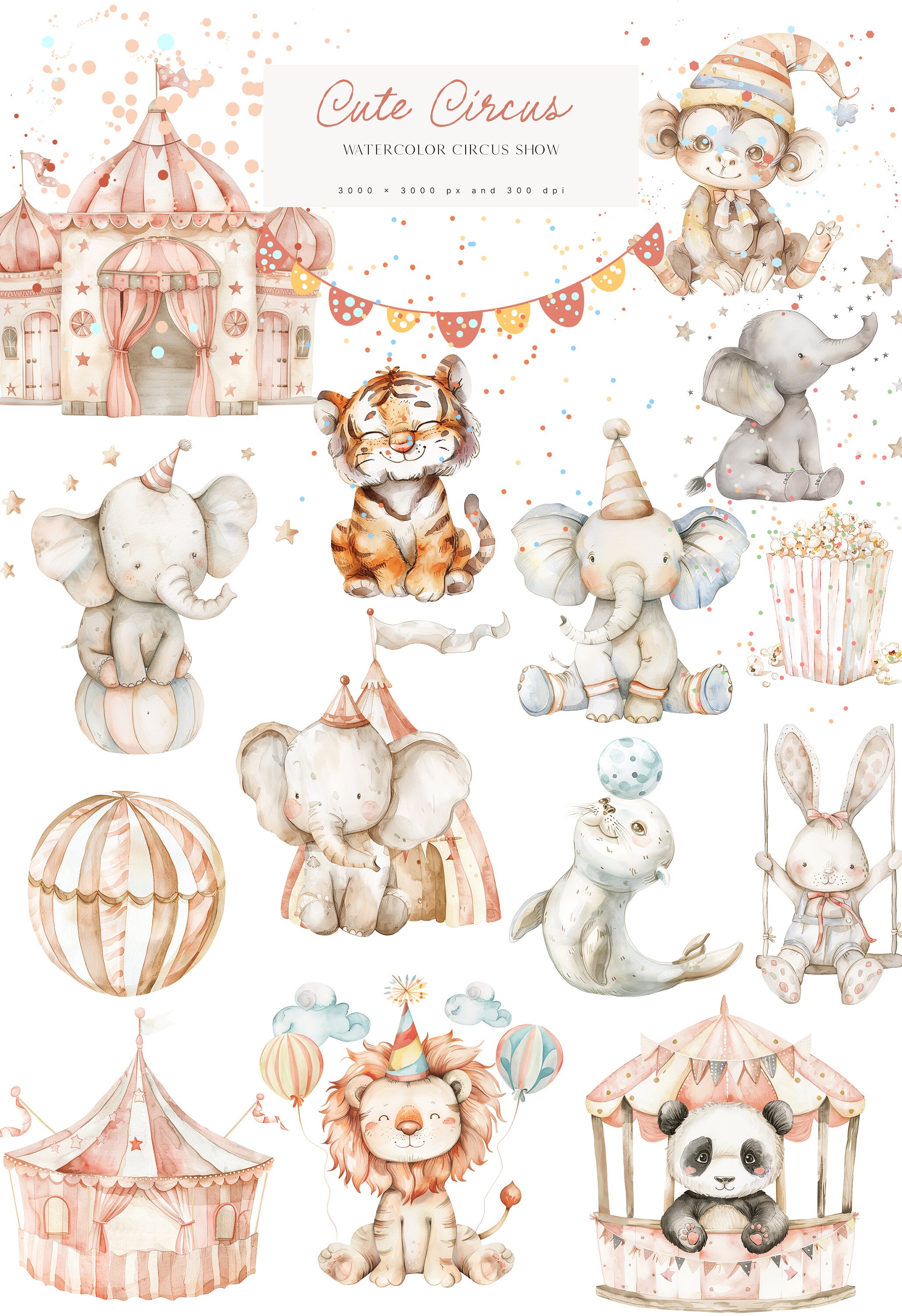 Cute Circus Clipart Set Watercolor Circus Circus Animals Cute Clowns ...