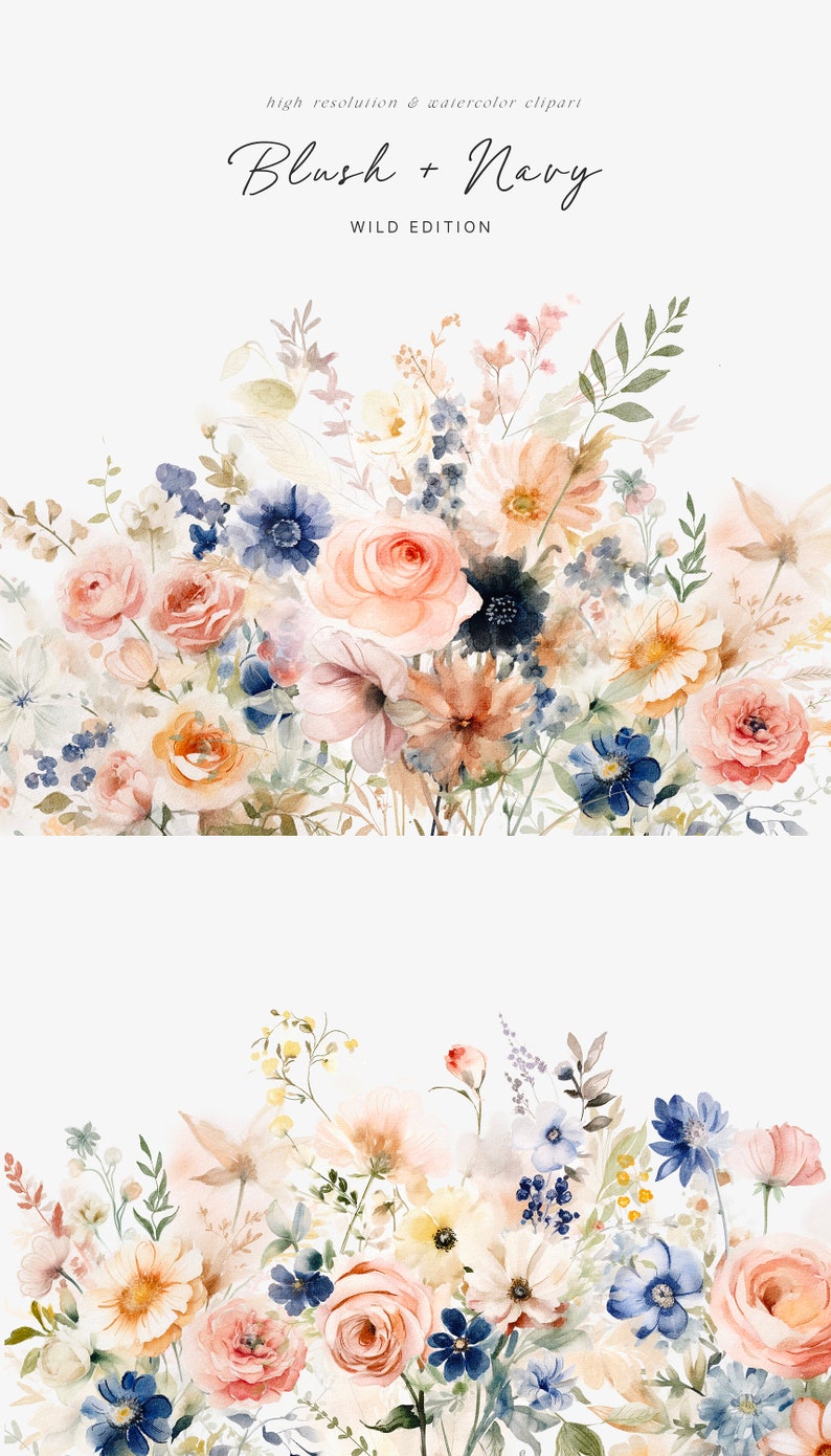 Blush Navy Floral Clipart Watercolor Flowers Blush Flowers Navy Flowers ...
