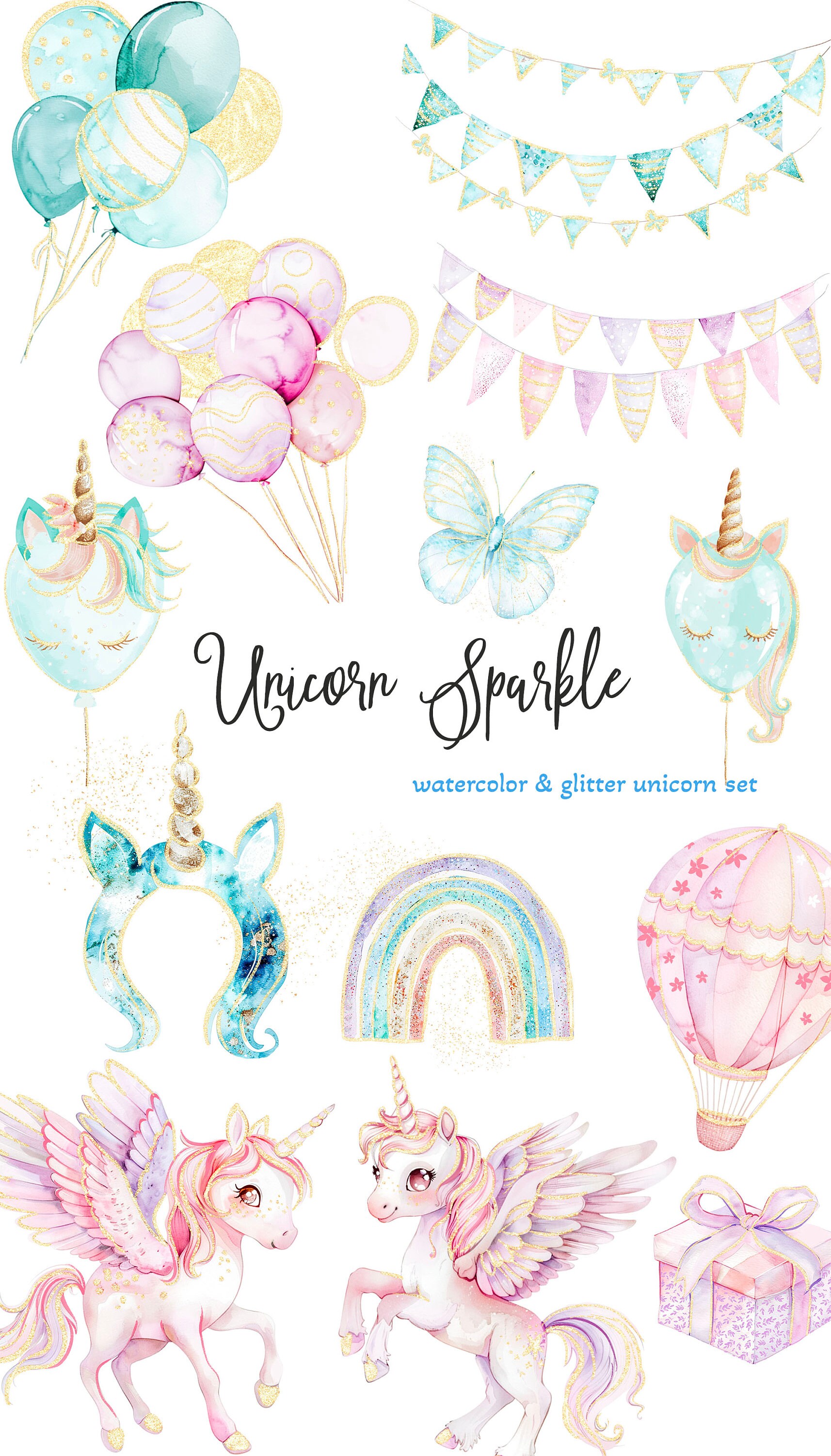 Unicorns & Glitter Clipart Set Unicorn Party Clipart Glitter and Gold ...