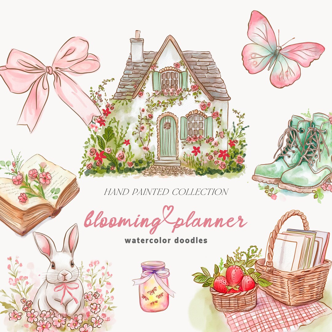 Watercolor and Ink Hand Painted Planner Clipart - Floral Planner - Pink ...
