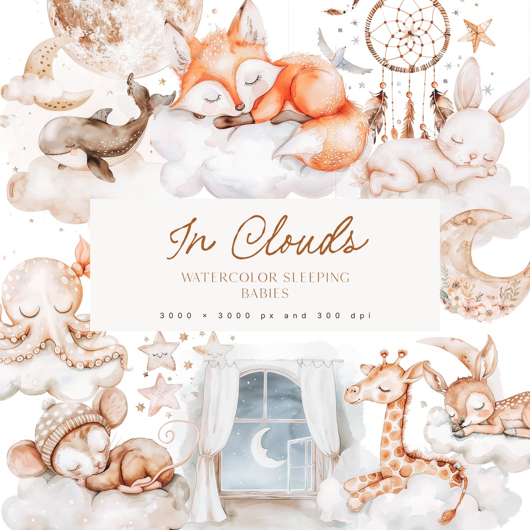 Watercolor Sleeping Animals Clipart - Nursery Clipart - Sleeping Animal ...