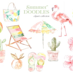 Watercolor Summer Doodle Clipart Set - Summer Collection of Elements ...