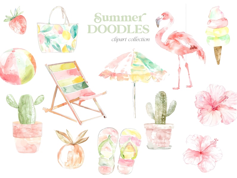 Watercolor Summer Doodle Clipart Set - Summer Collection of Elements ...