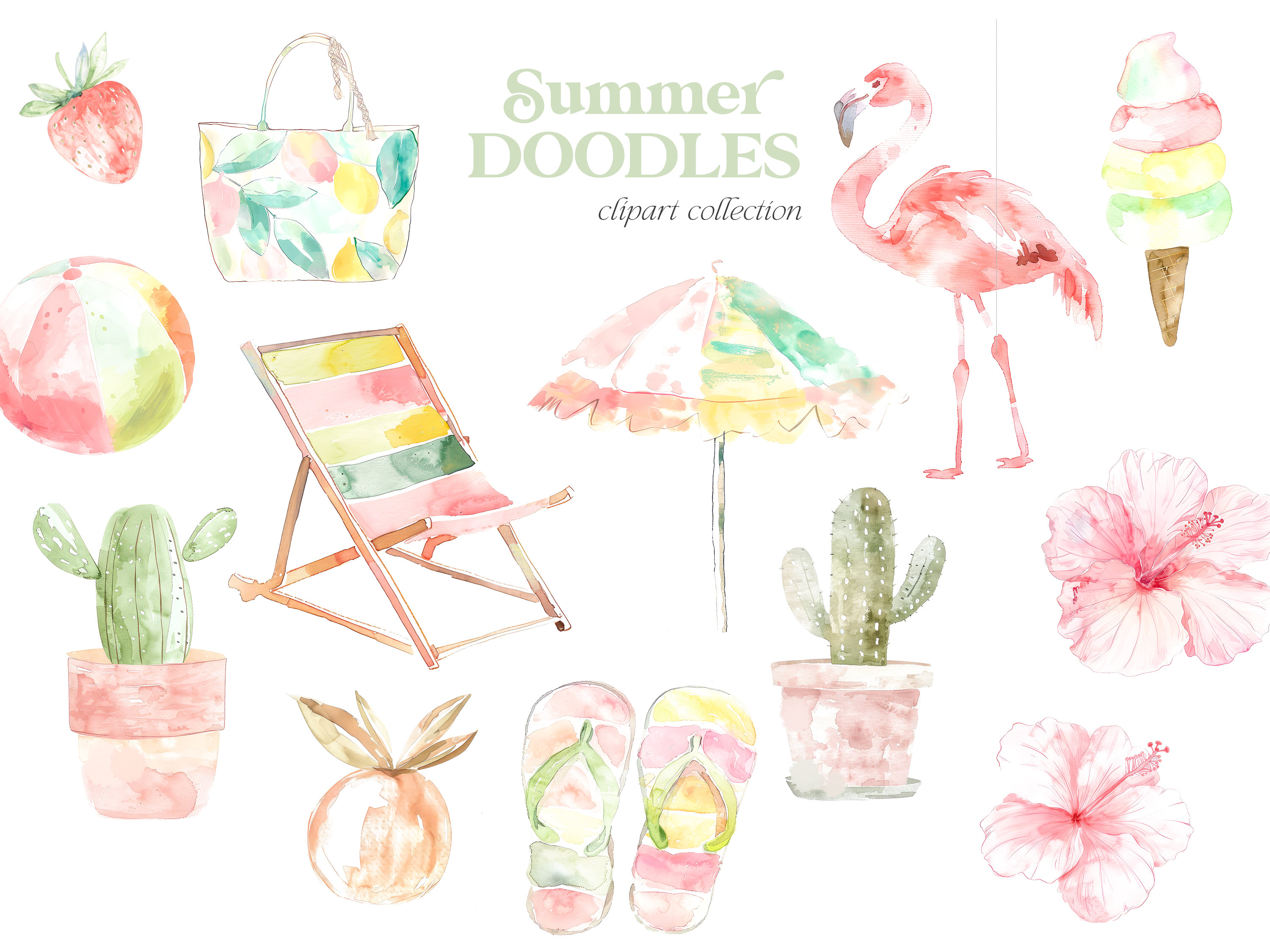 Watercolor Summer Doodle Clipart Set - Summer Collection of Elements ...
