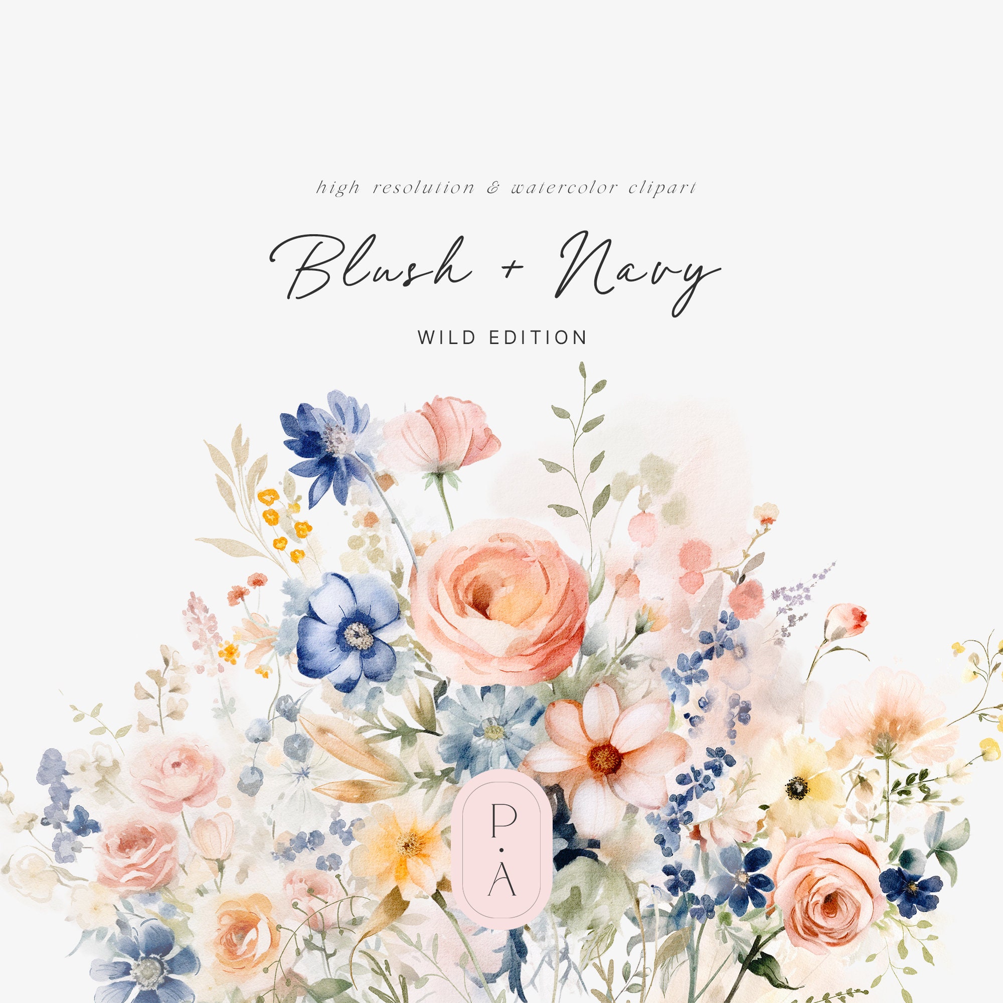 Blush Navy Floral Clipart Watercolor Flowers Blush Flowers Navy Flowers ...