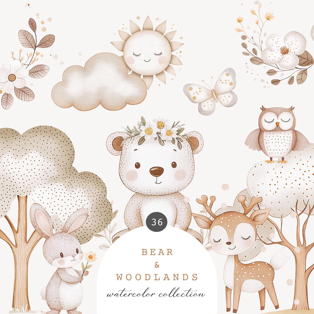 Watercolor Woodland Clipart - Bear Woodland Collection - Neutral Boho ...