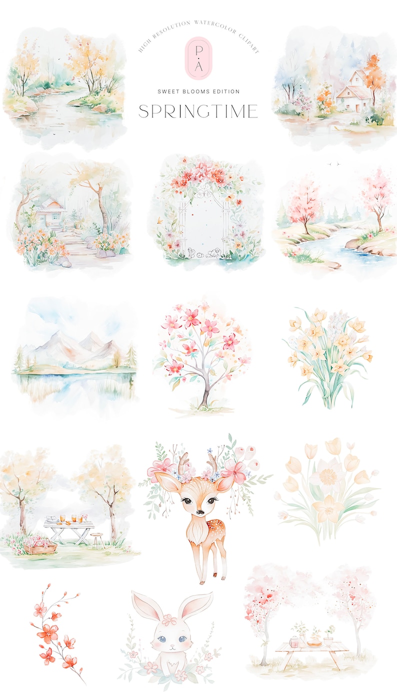 Spring Watercolor Clipart - Spring Landscapes - Cute Spring Animals ...