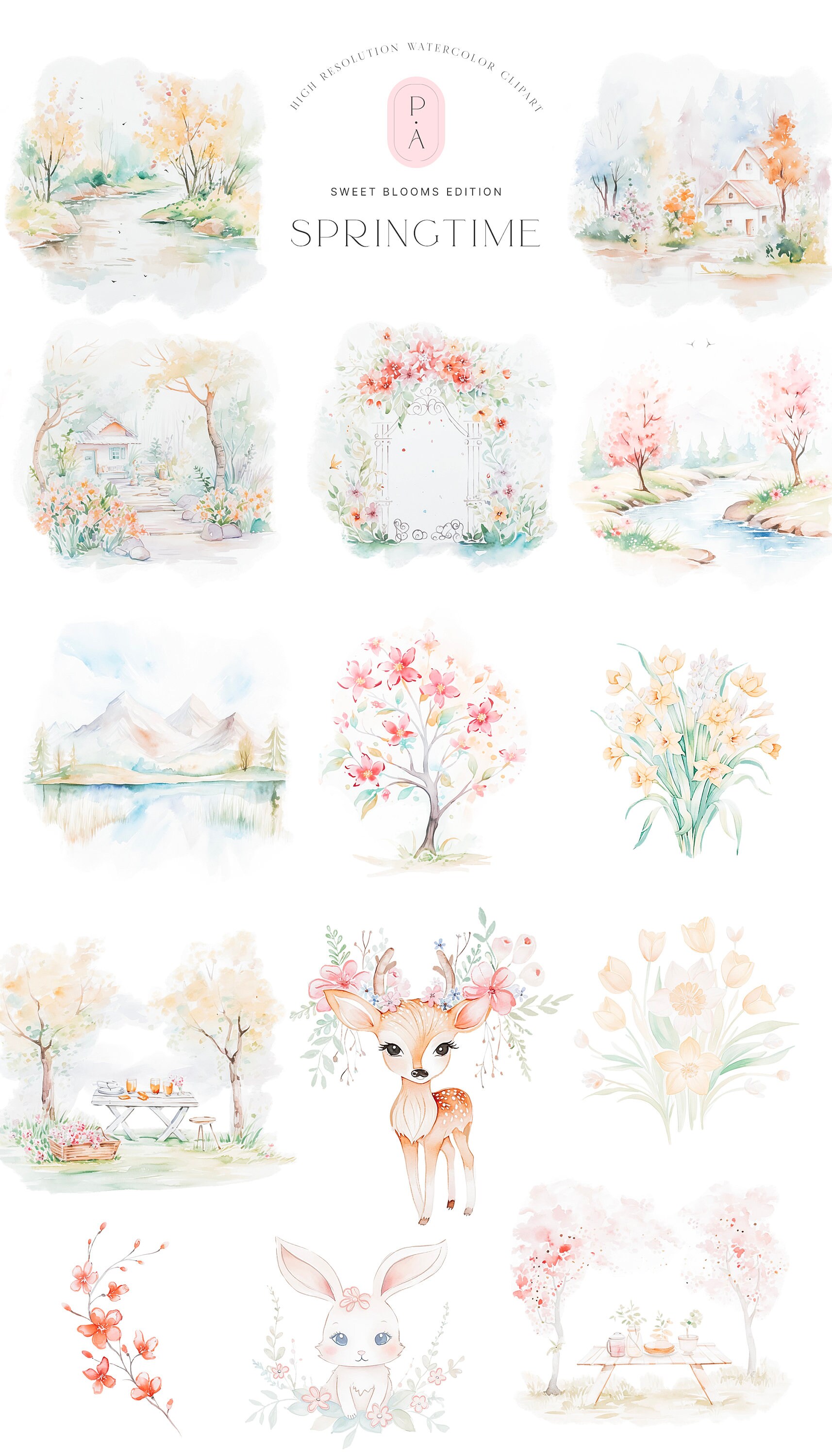 Spring Watercolor Clipart Spring Landscapes Cute Spring Animals Spring ...