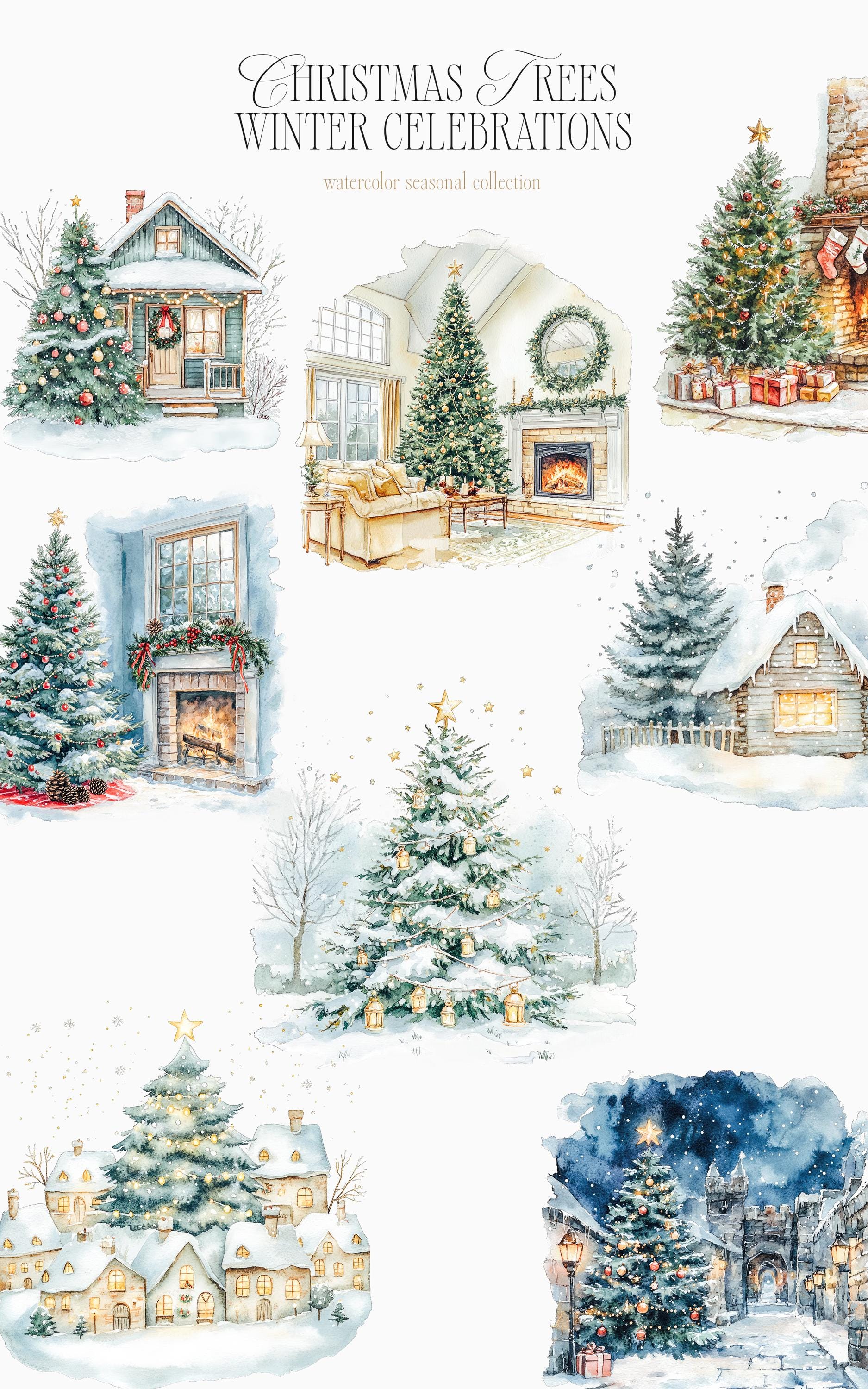Watercolor Decorated Christmas Trees - Christmas Treesclipart - Clipart ...