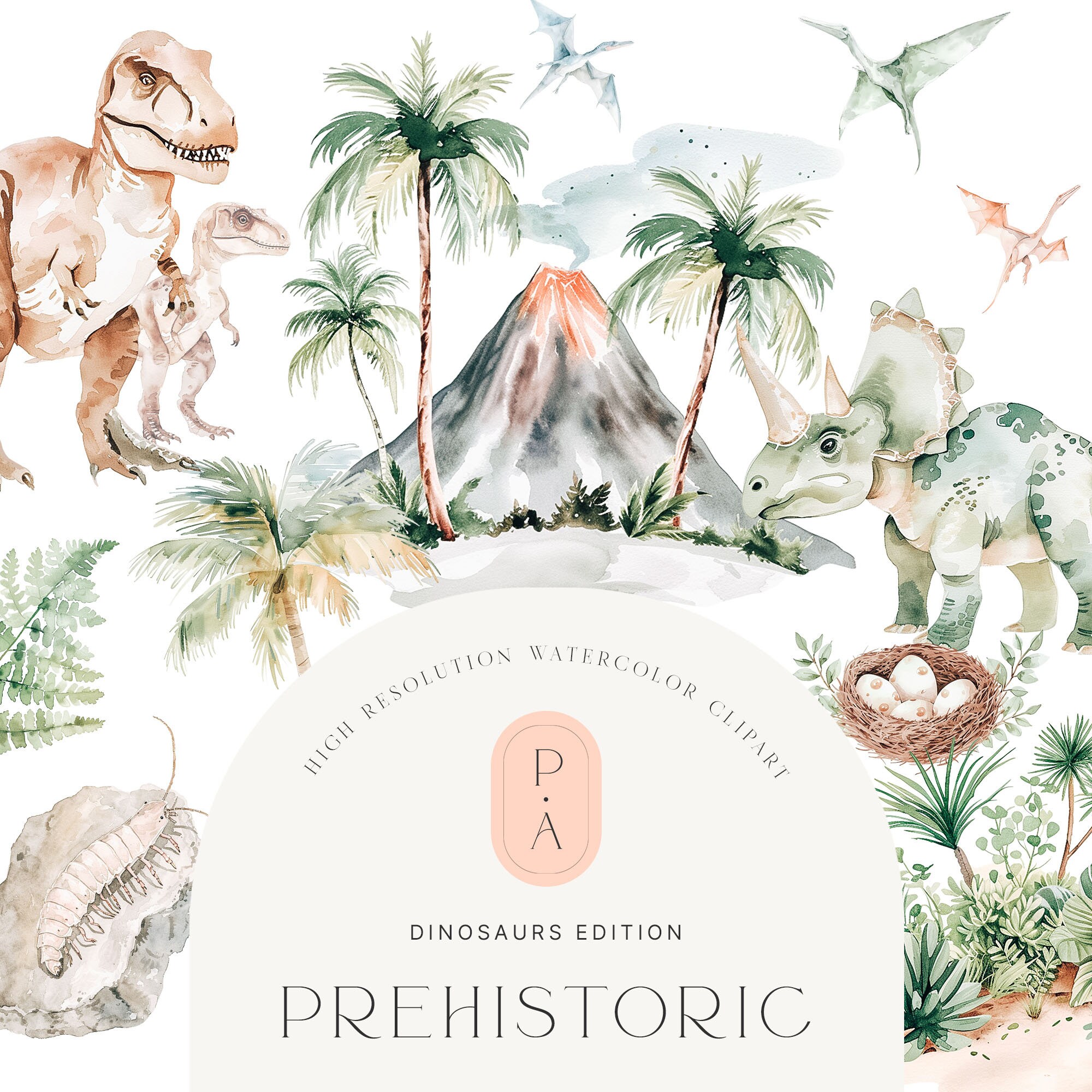 Dinosaur Watercolor Clipart Set - Prehistoric Clipart - Watercolor ...