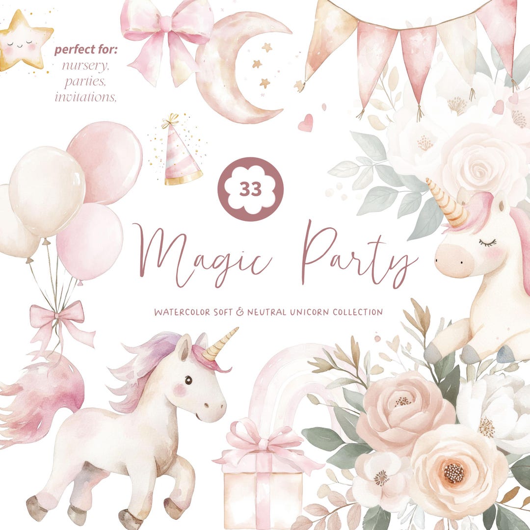 Unicorn Party Clipart - Pink Unicorns - Nursery - Pink Florals - Floral ...