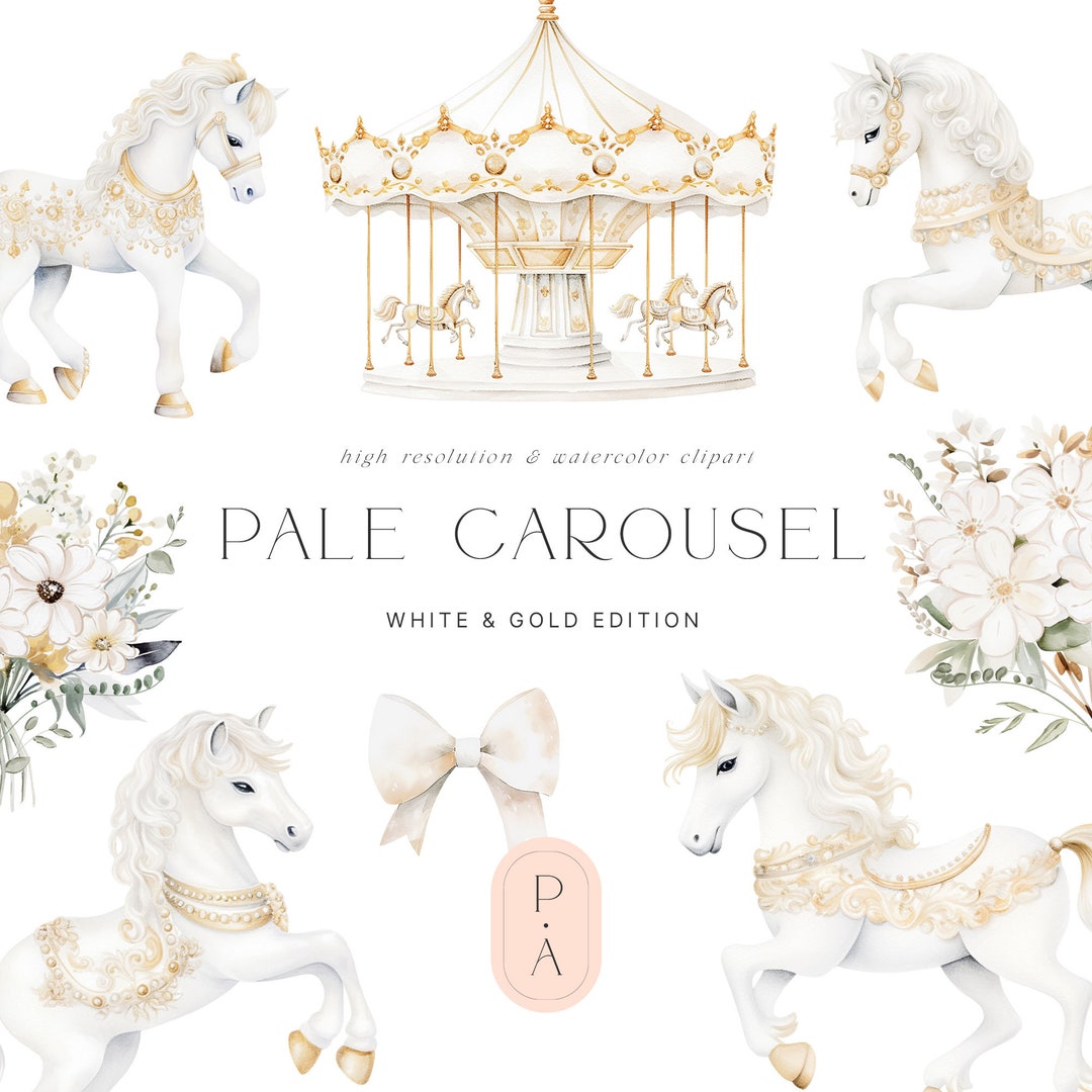 Carousel Clipart - Pony Clipart - Gold and White Carousel - Watercolor ...