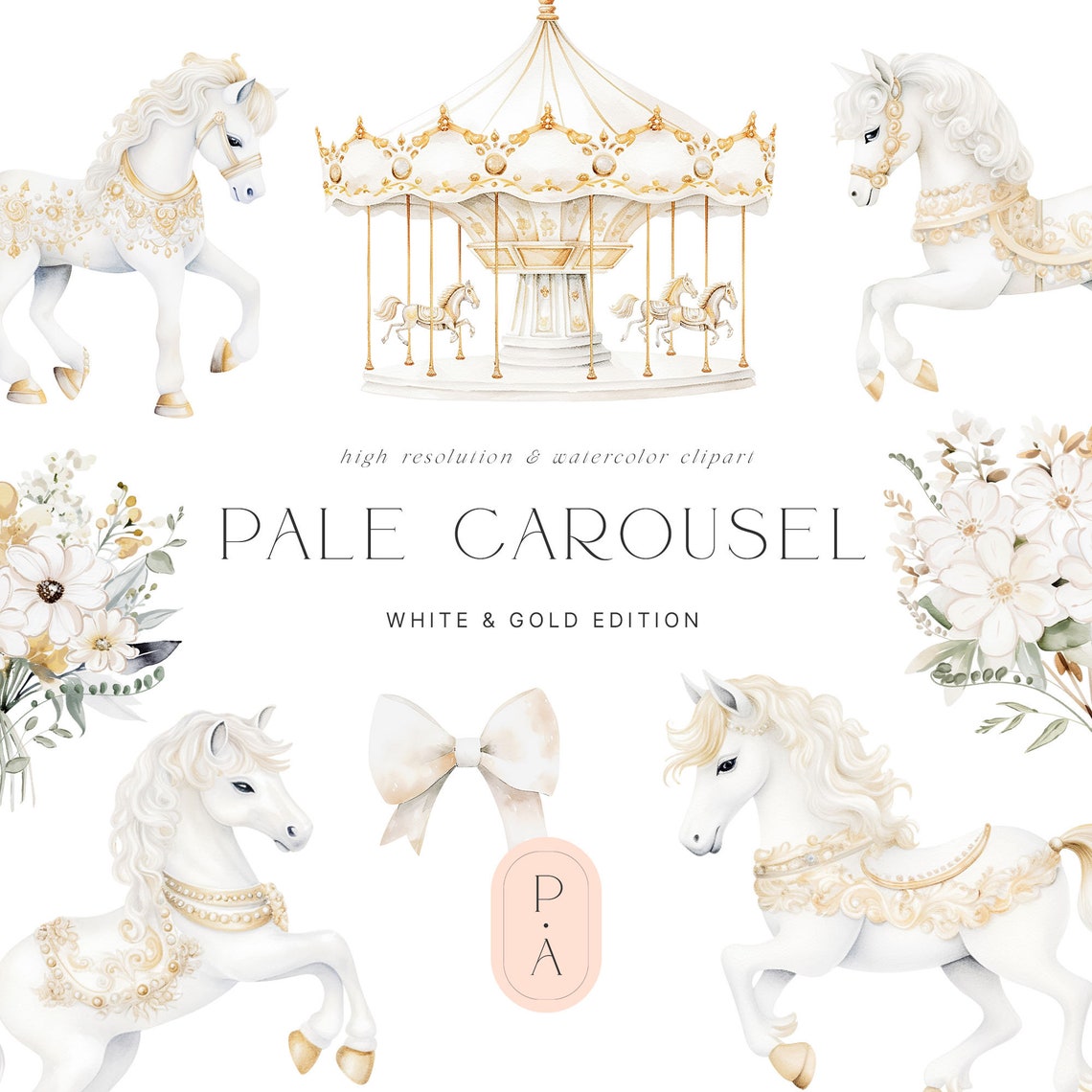 Carousel Clipart - Pony Clipart - Gold and White Carousel - Watercolor ...