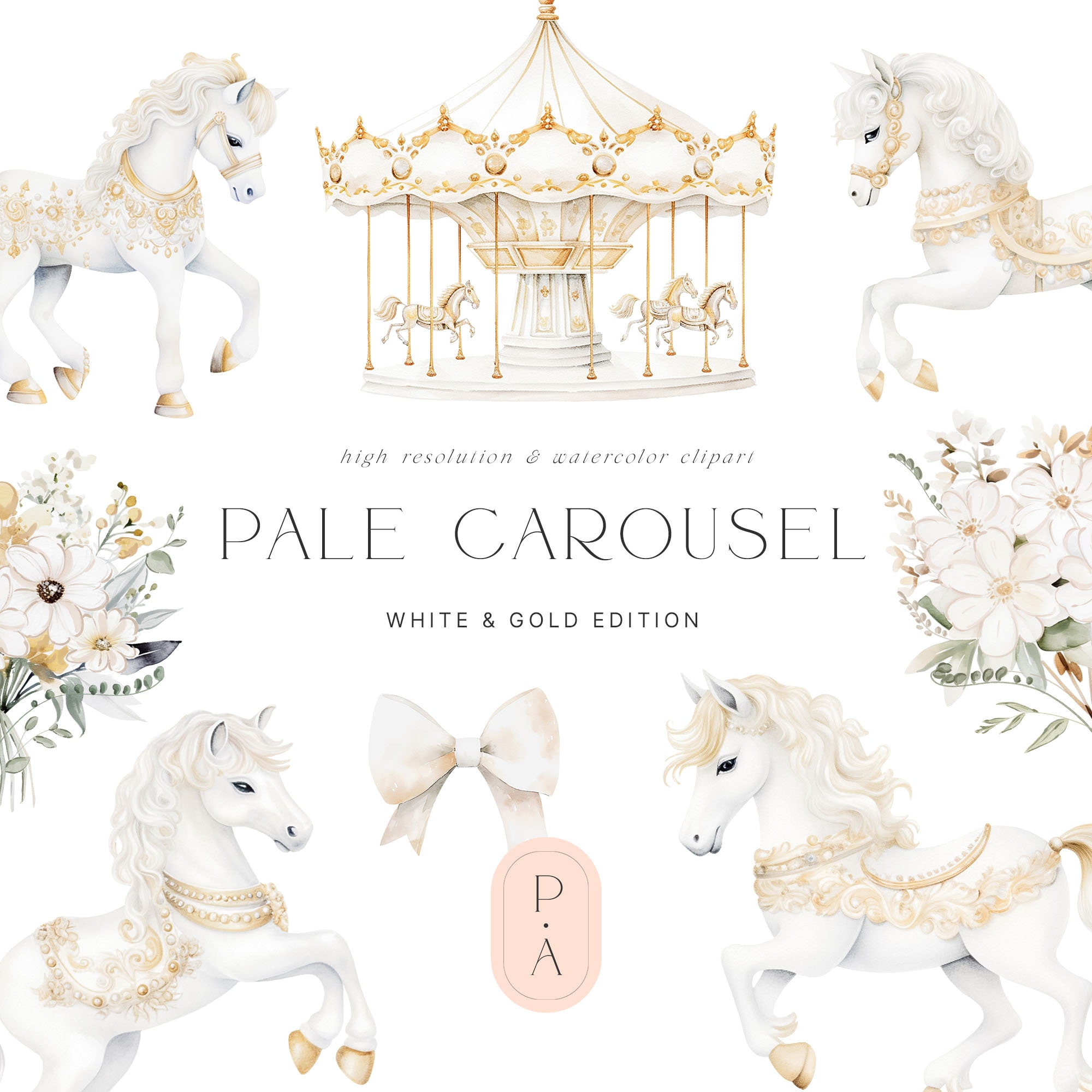 Carousel Clipart - Pony Clipart - Gold and White Carousel - Watercolor ...