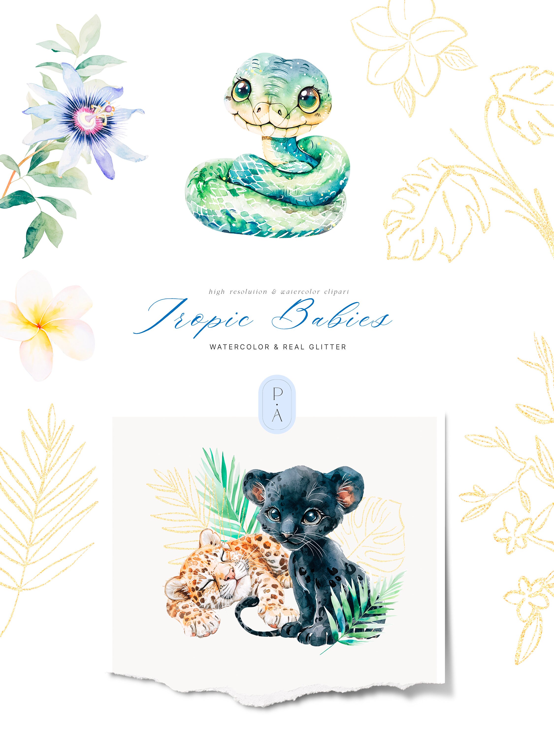 Baby Jungle Animals Watercolor Clipart Nursery Clipart Tropical Clipart ...