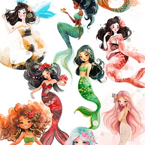 Watercolor Mermaid Clipart - Mermaid Party Clipart - Kids Mermaid ...