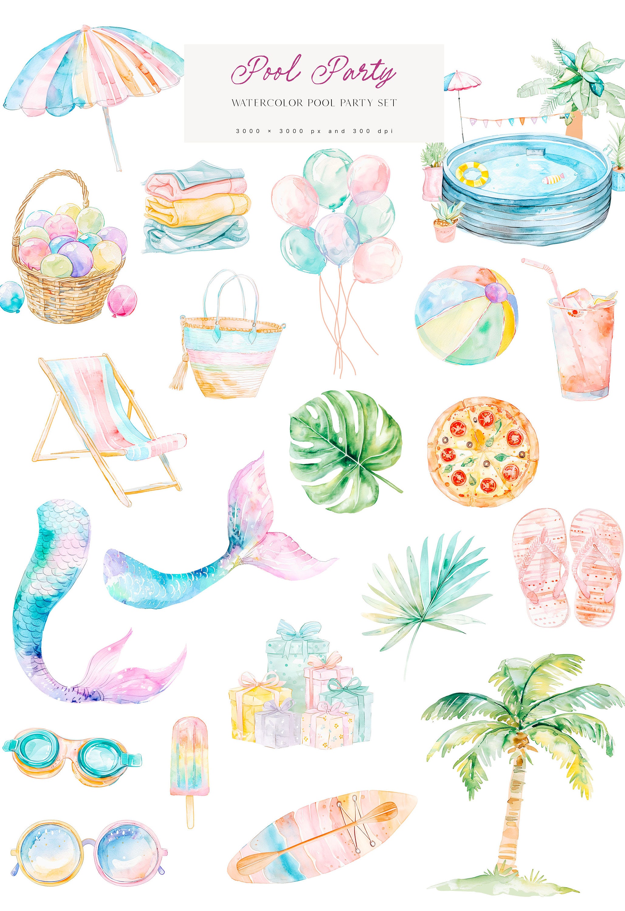 Pool Party Watercolor Clipart - Neon Pool Party - Pool Party Clipart ...