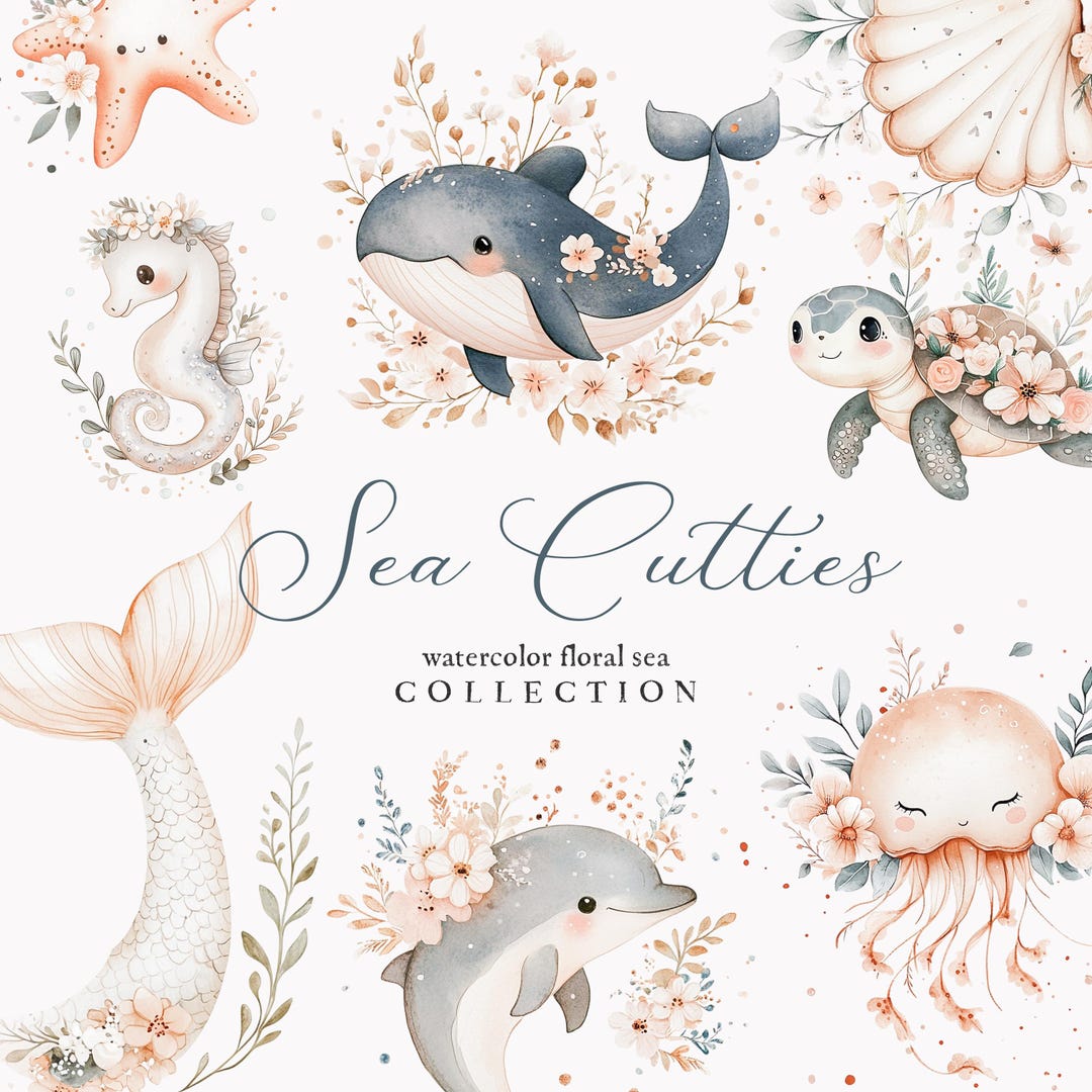 Watercolor Sea Creatures Clipart Set - Floral Sea Animals - Cute Sea ...