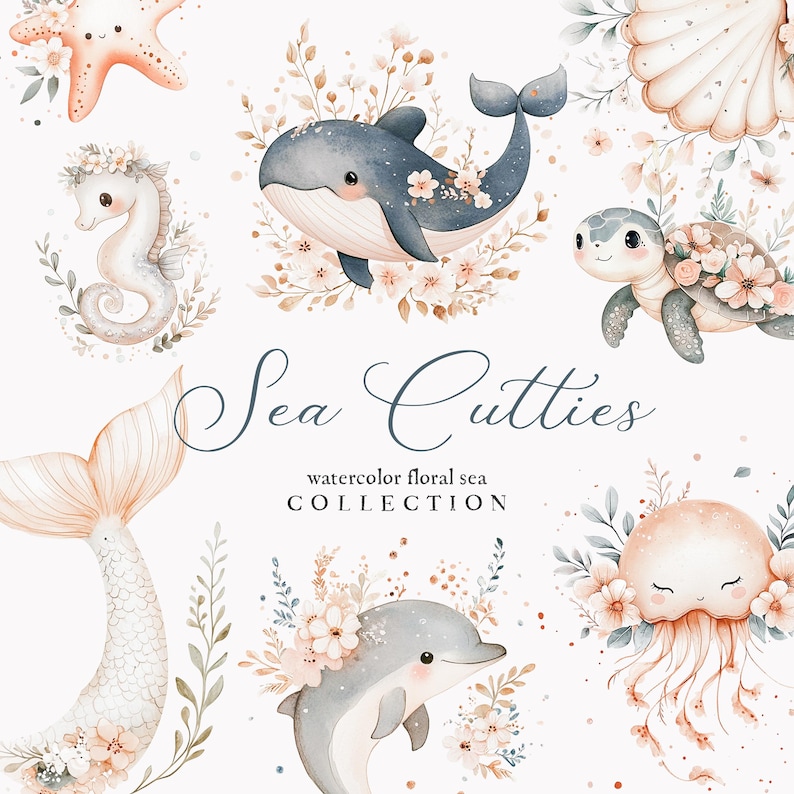 Watercolor Sea Creatures Clipart Set Floral Sea Animals Cute Sea ...