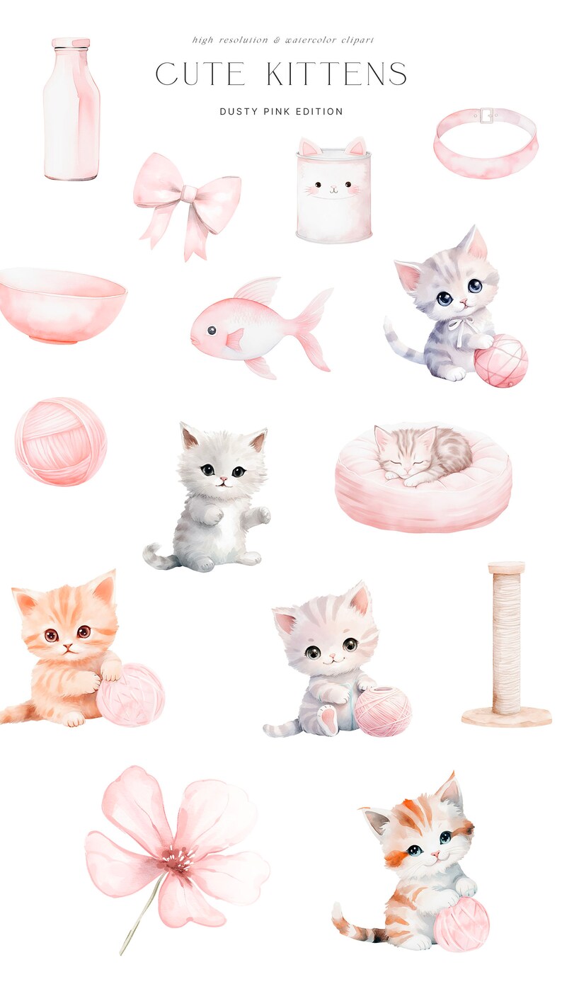 Cute Kittens Clipart Set Watercolor Kittens Cute Cats Cats Clipart ...