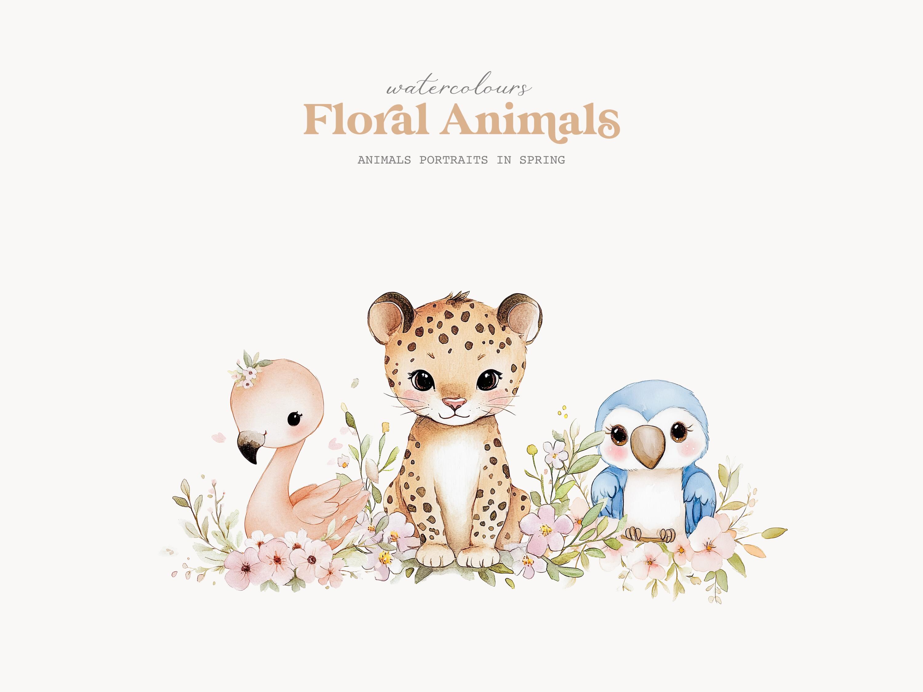 Watercolor Animals Portraits With Flowers - Spring Animals With Flowers ...