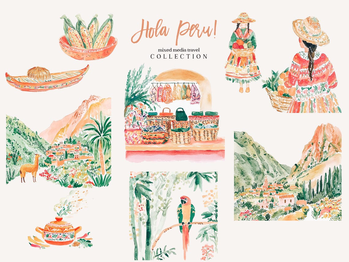 Watercolor Peru Travel Clipart - Watercolor Clipart - Machu Pichu Peru ...