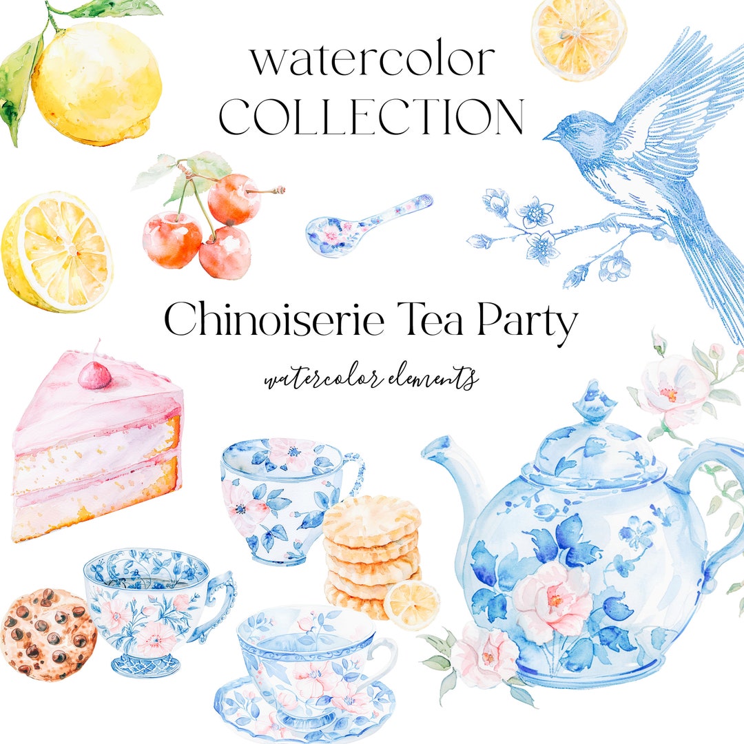 Chinoiserie Tea Party Clipart - Chinoiserie Clipart - Watercolor Tea ...