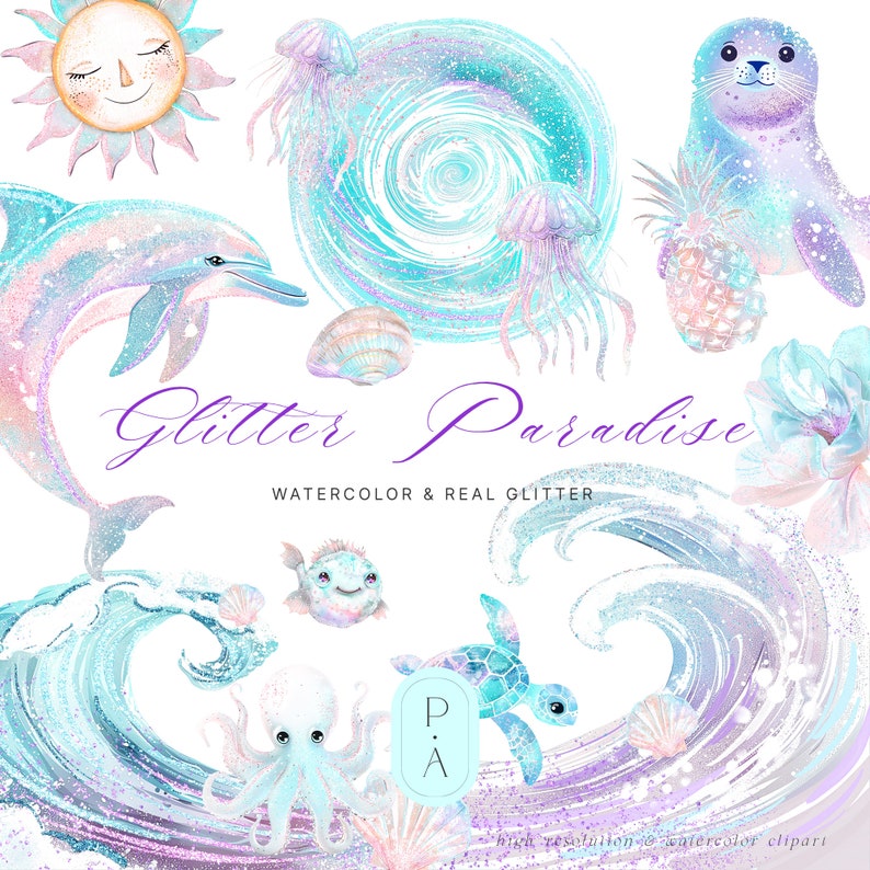 Glittery Sea Creatures Watercolor Clipart - Ocean Clipart - Clipart for ...