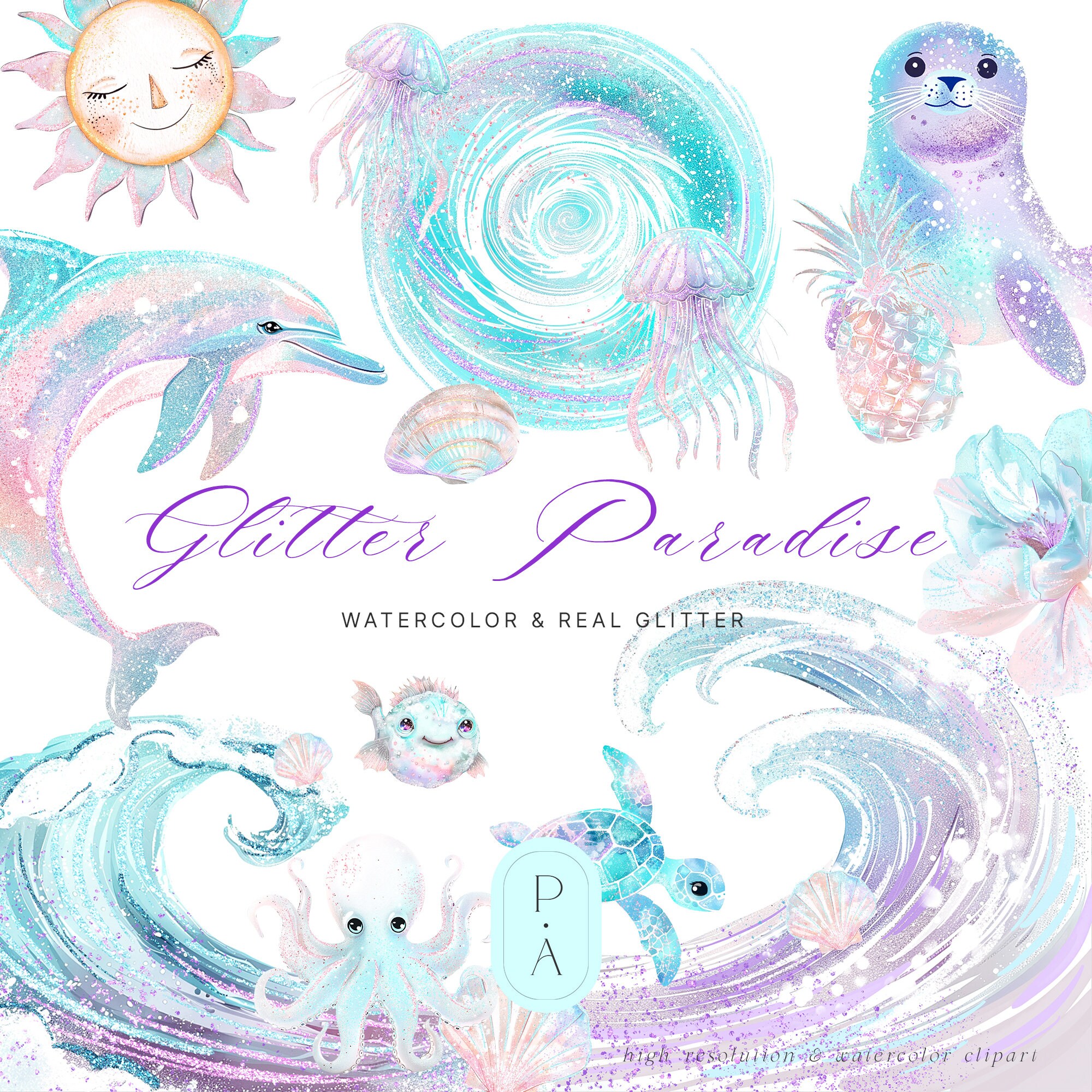 Glittery Sea Creatures Watercolor Clipart - Ocean Clipart - Clipart for ...