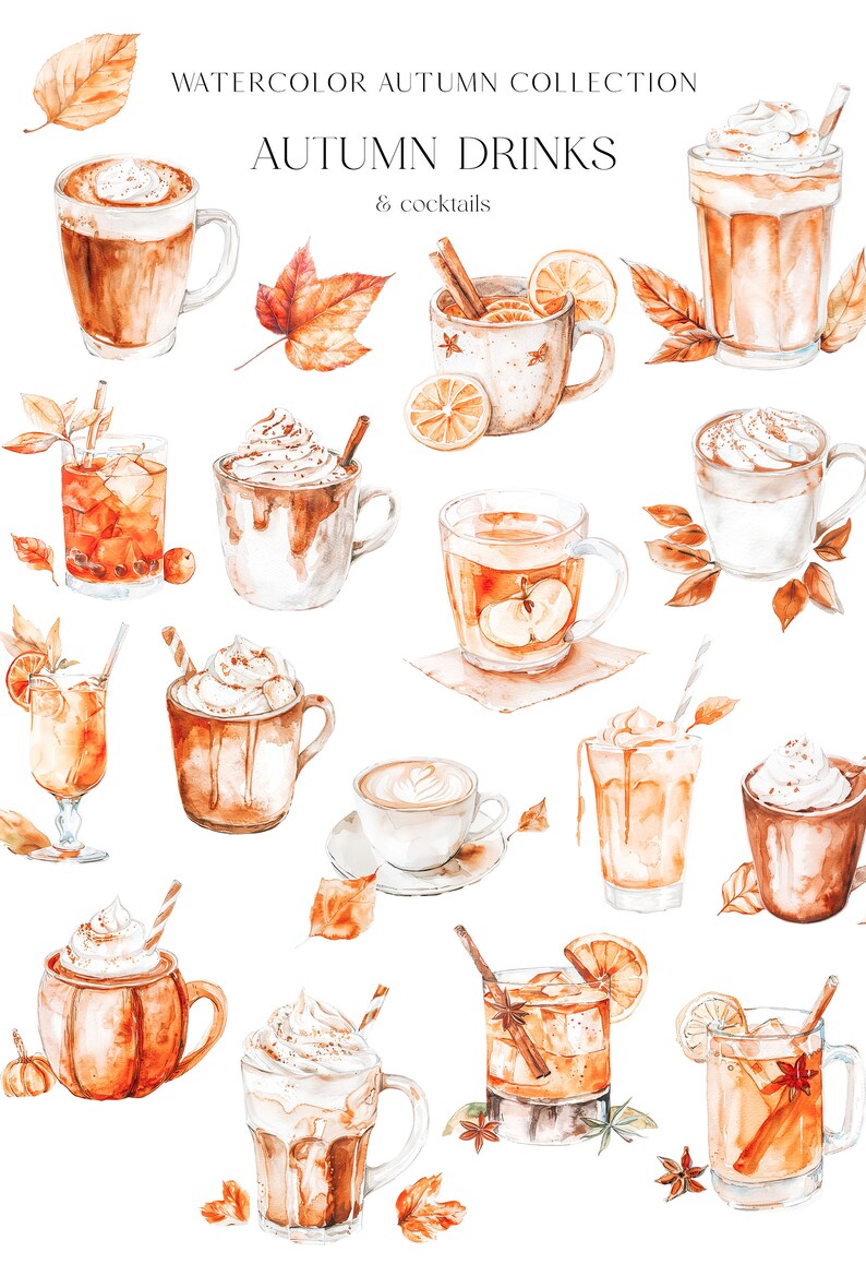 Autumn Drinks Clipart - Watercolor Drinks Clipart - Autumn Cocktails ...