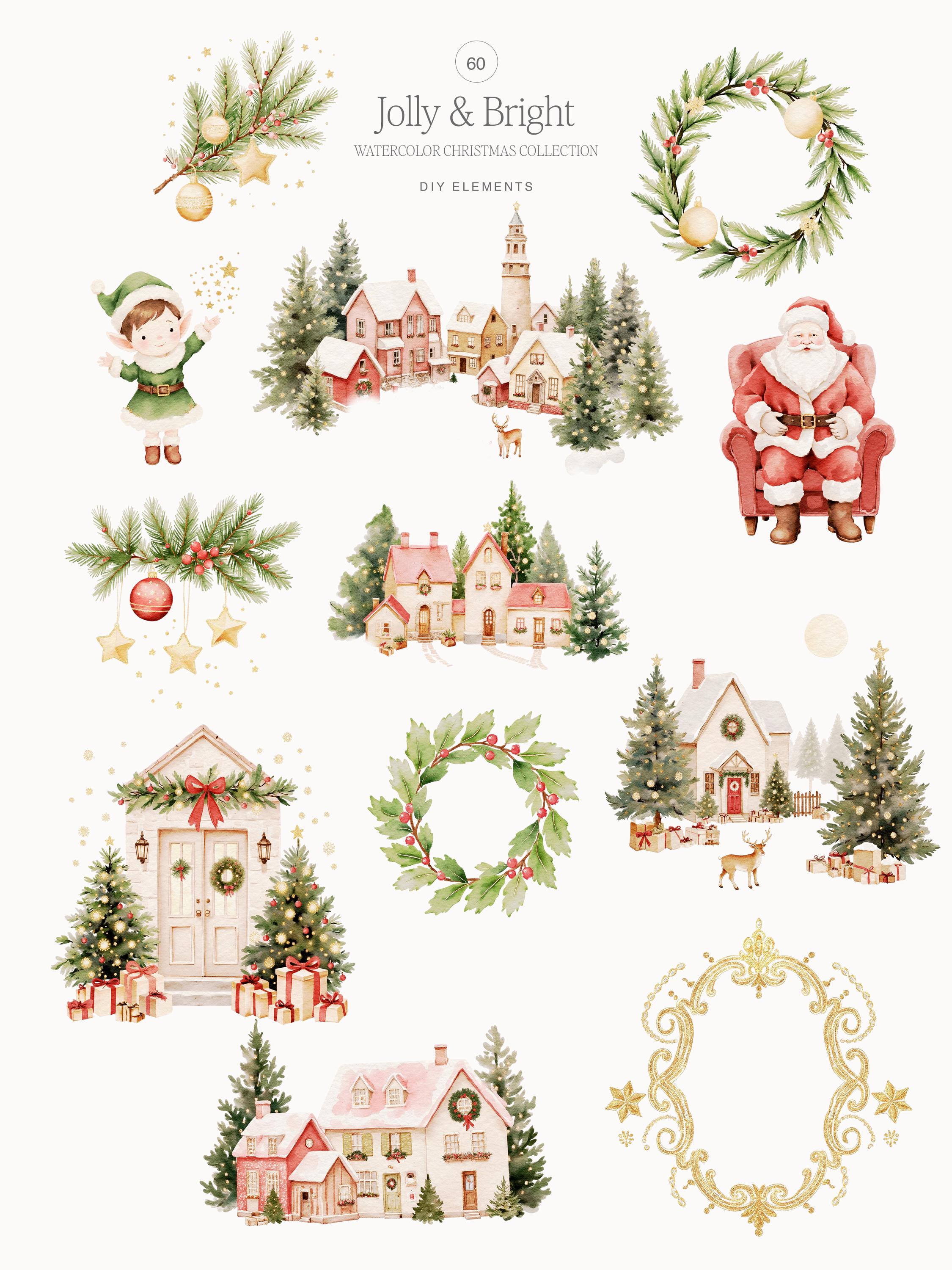 Watercolor Christmas Clipart Collection Santa - Santa Village - Cute ...