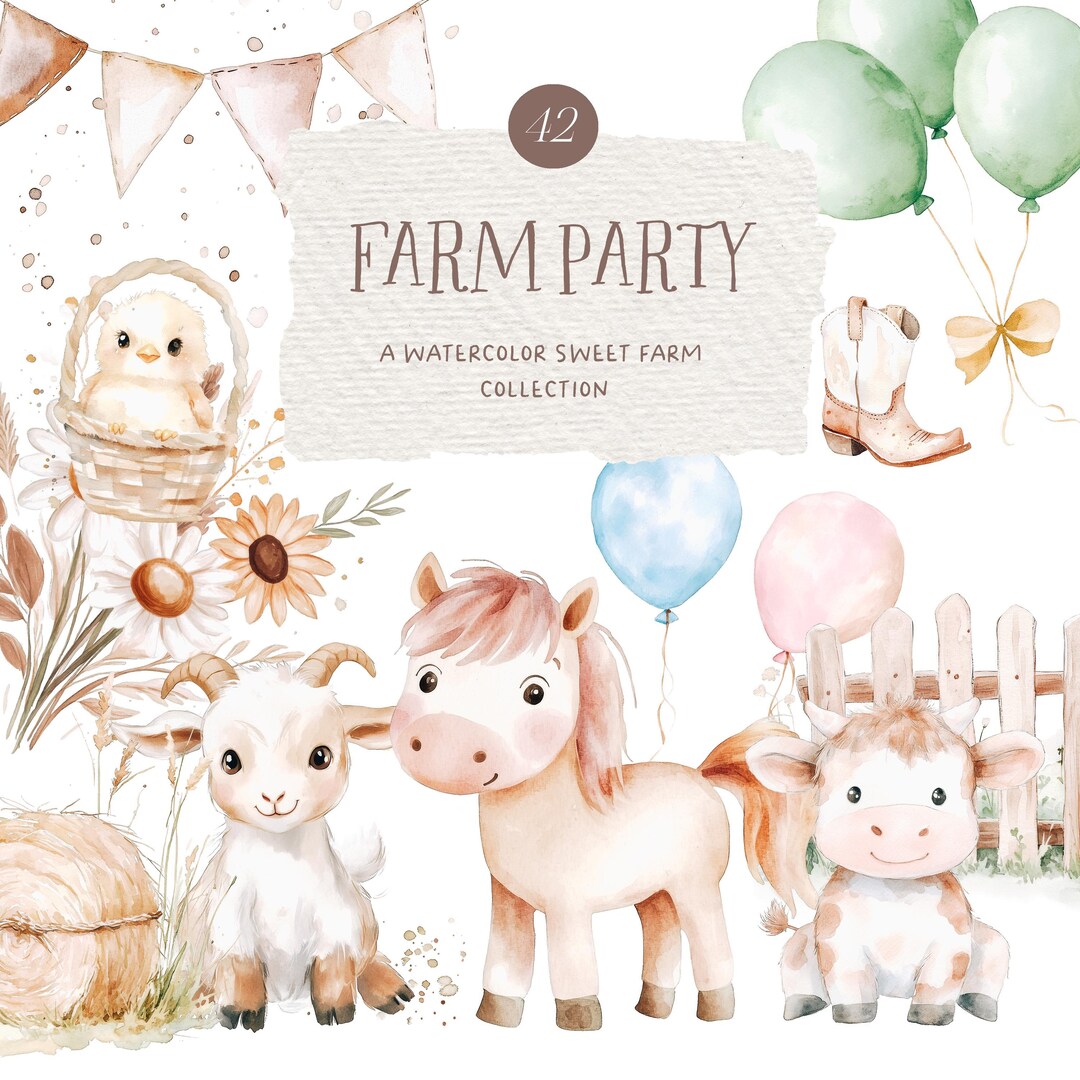 Watercolor Cute Farm Clipart - Farm Party Clipart - Farm - Clipart for ...
