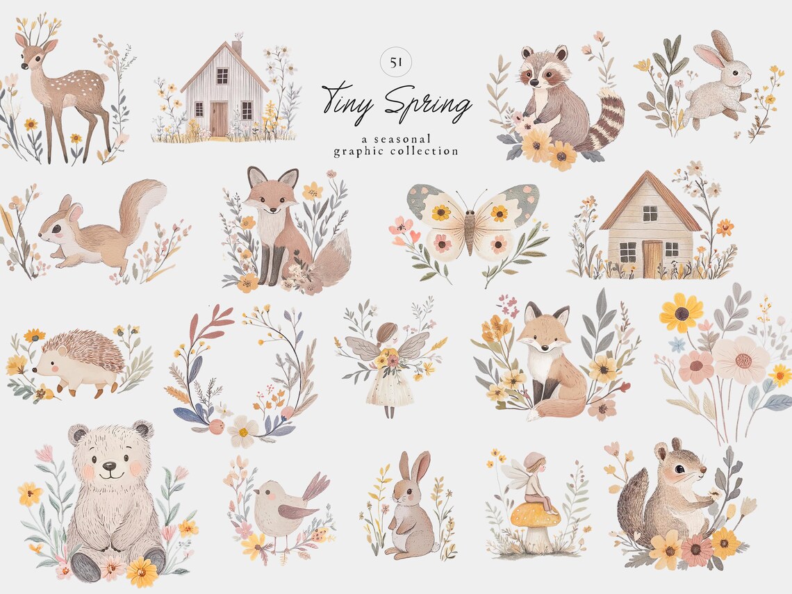 Watercolor Cute Spring Bunnies and Animals Clipart - Tiny Spring ...
