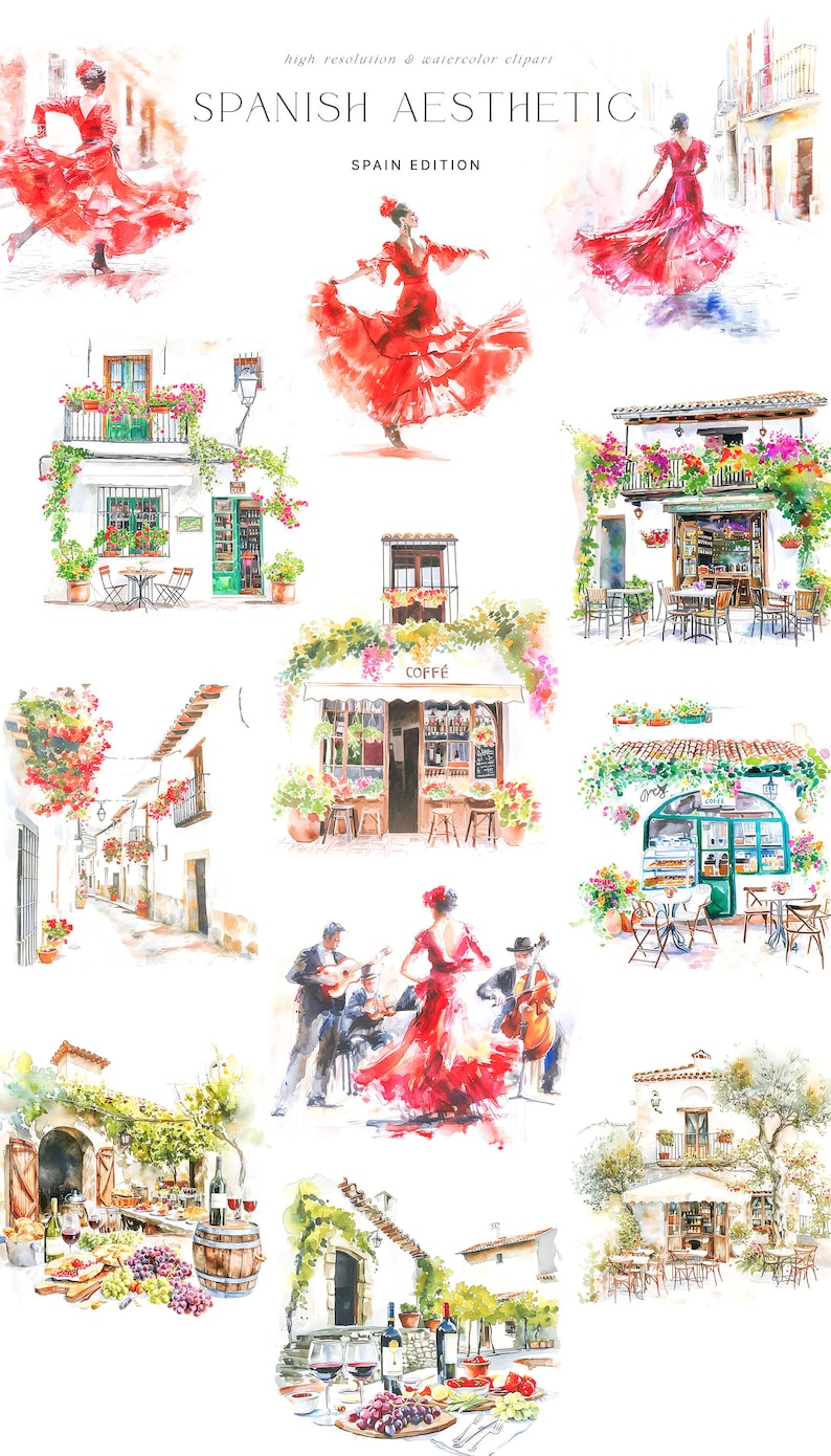 Watercolor Spanish Clipart Set - Spanish Aesthetic - Spanish Sceneries ...