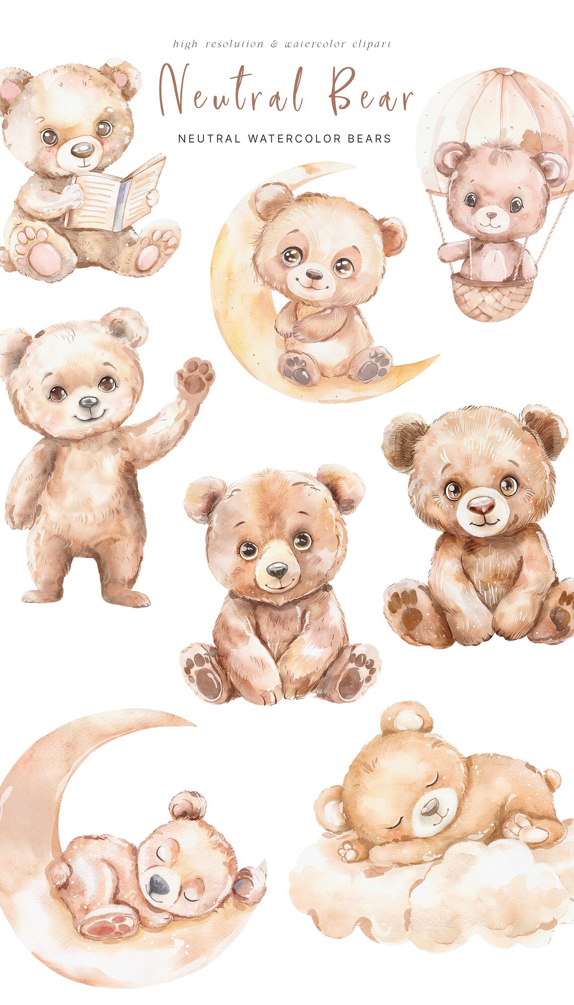 Neutral Bear Clipart Set Watercolor Bears Teddy Bears Sleepy Bears ...