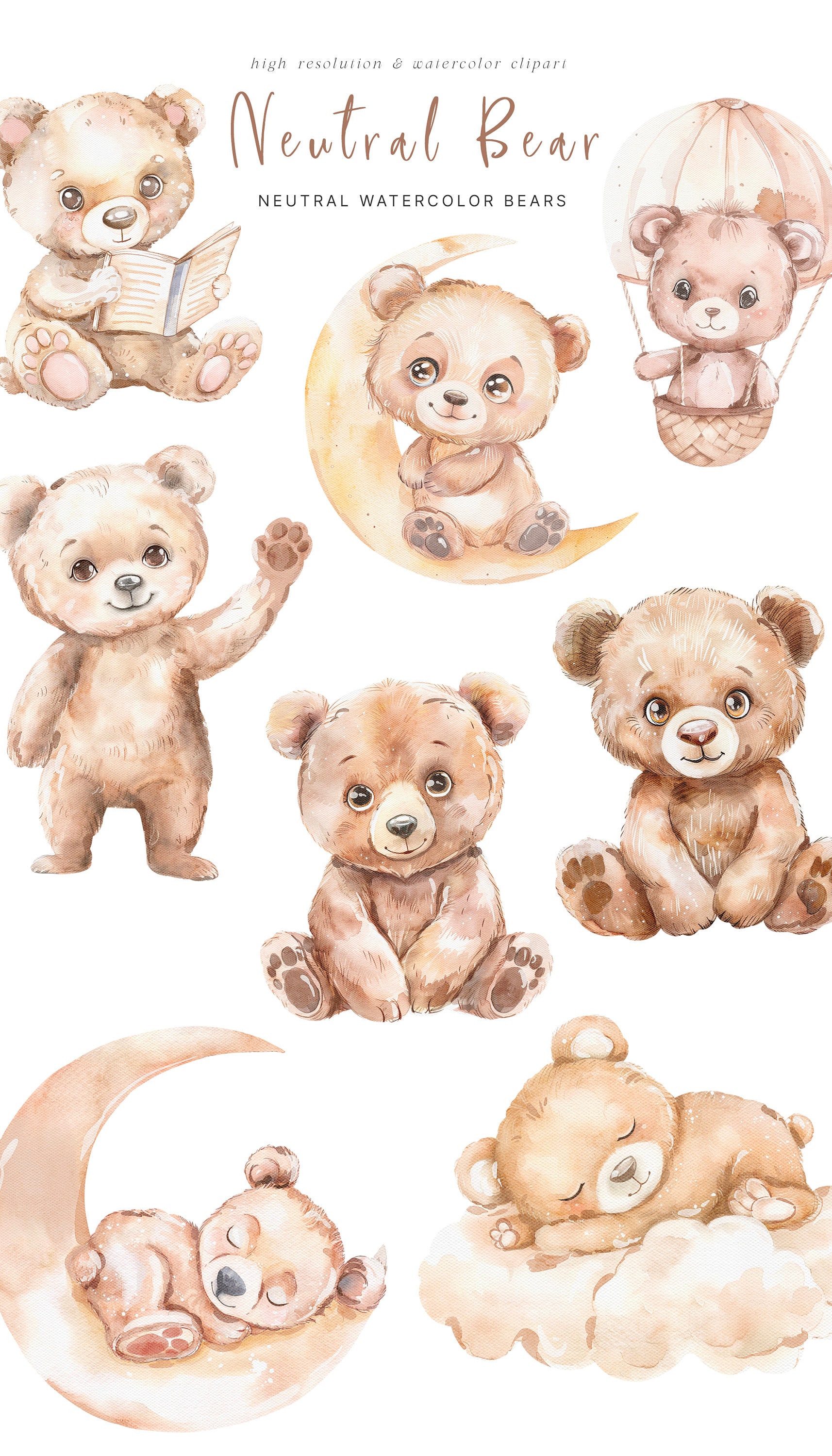Neutral Bear Clipart Set - Watercolor Bears - Teddy Bears - Sleepy ...