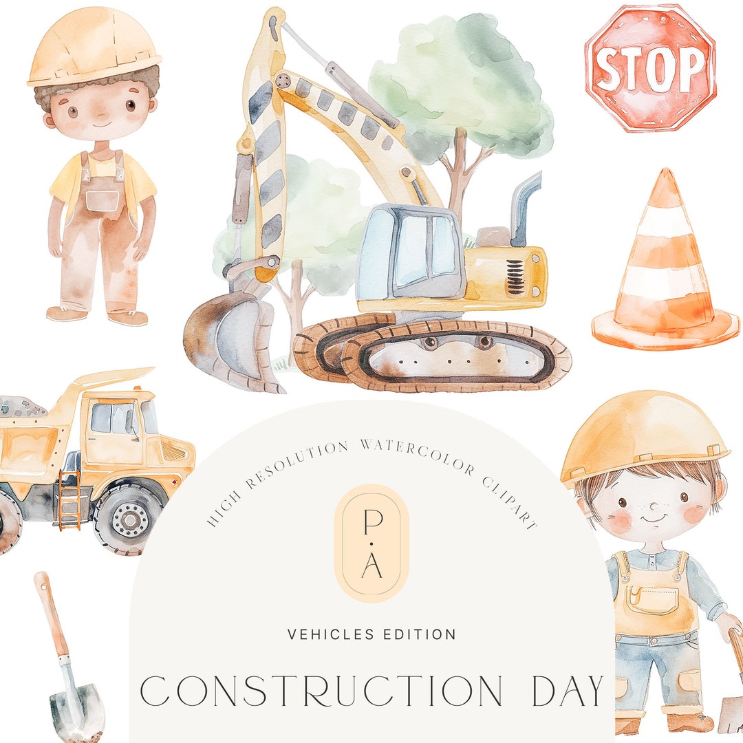 Construction Watercolor Clipart - Construction Vehicles - Construction ...