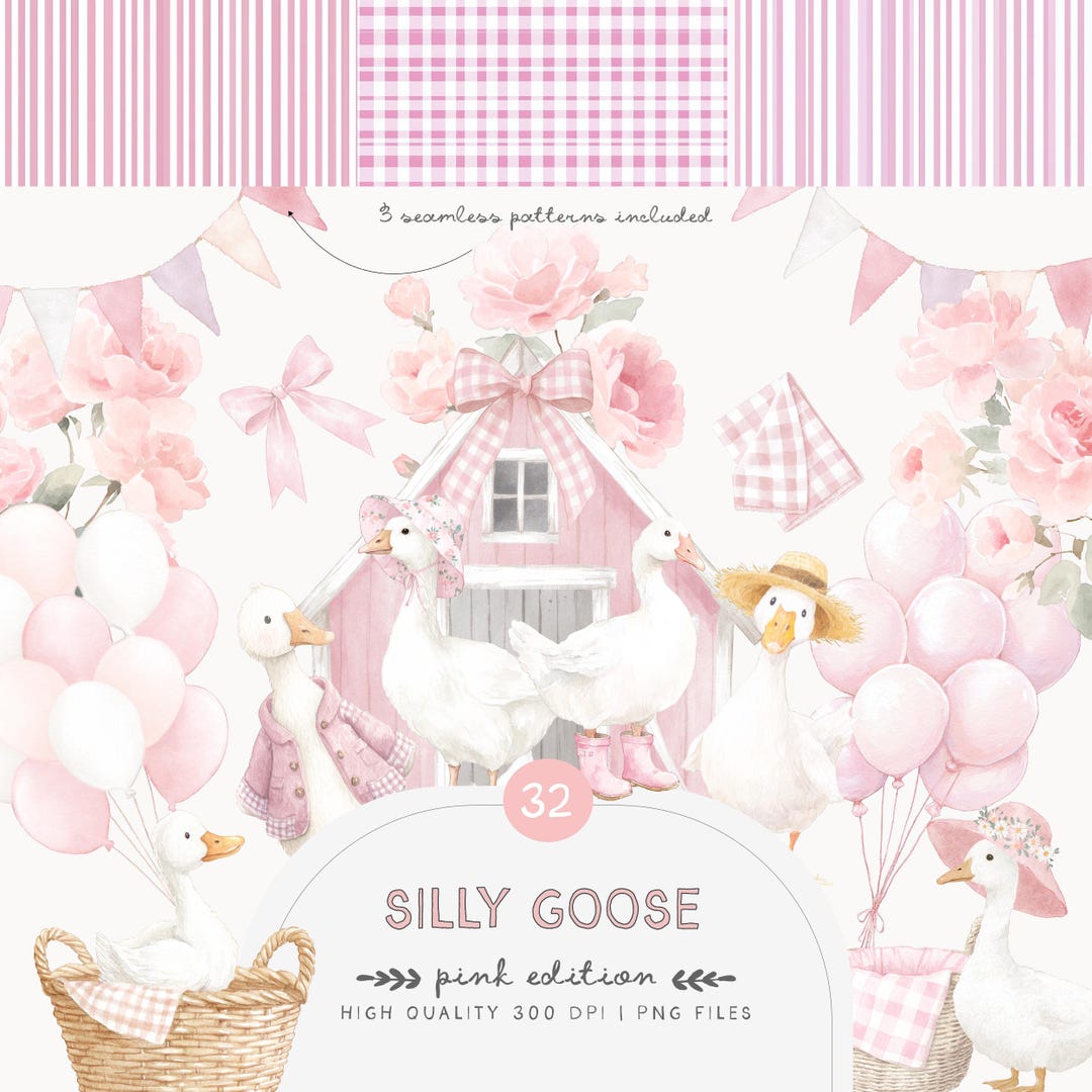 Dusty Pink Silly Goose Clipart Set - Watercolor Silly Goose ...