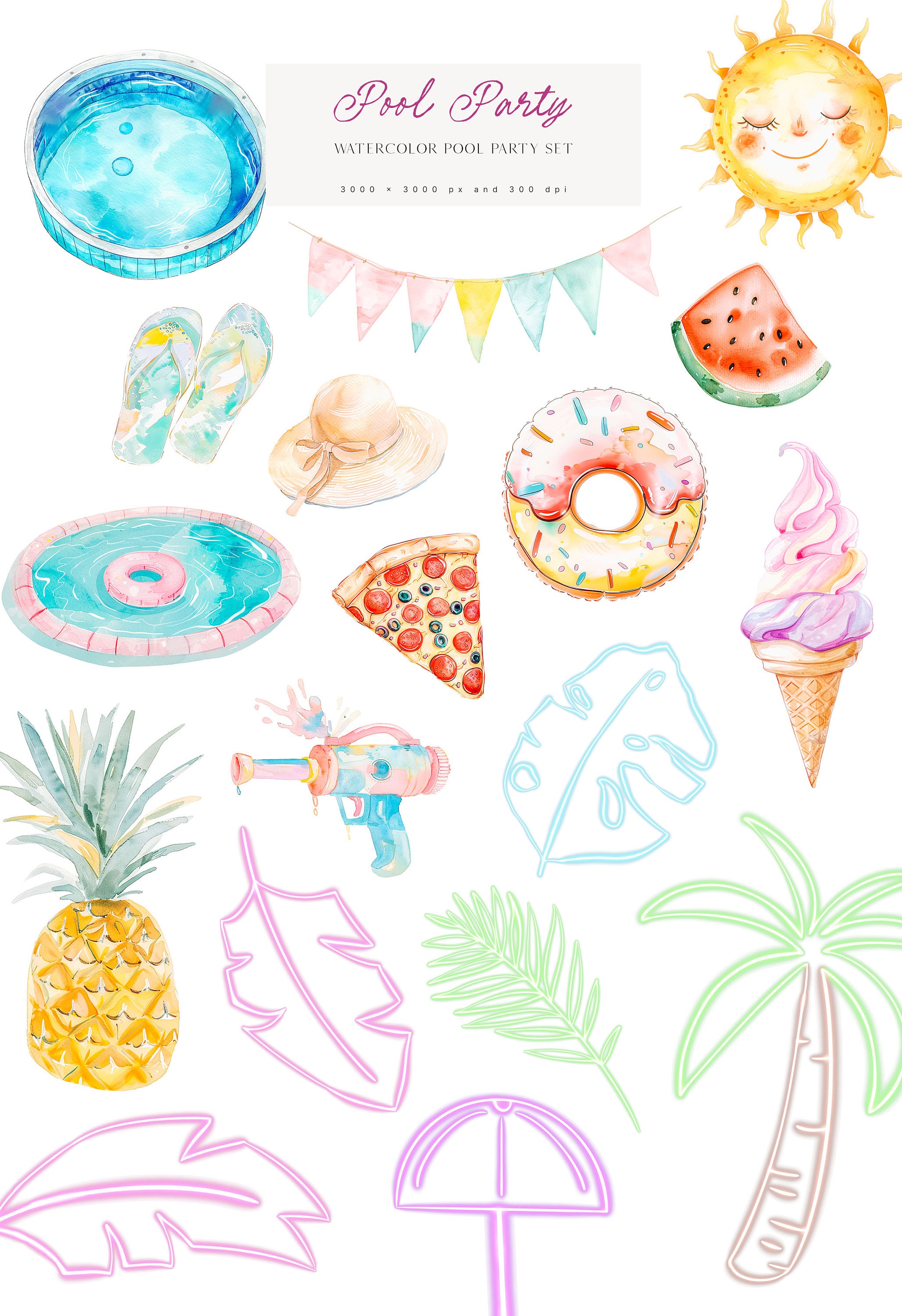 Pool Party Watercolor Clipart Neon Pool Party Pool Party Clipart ...
