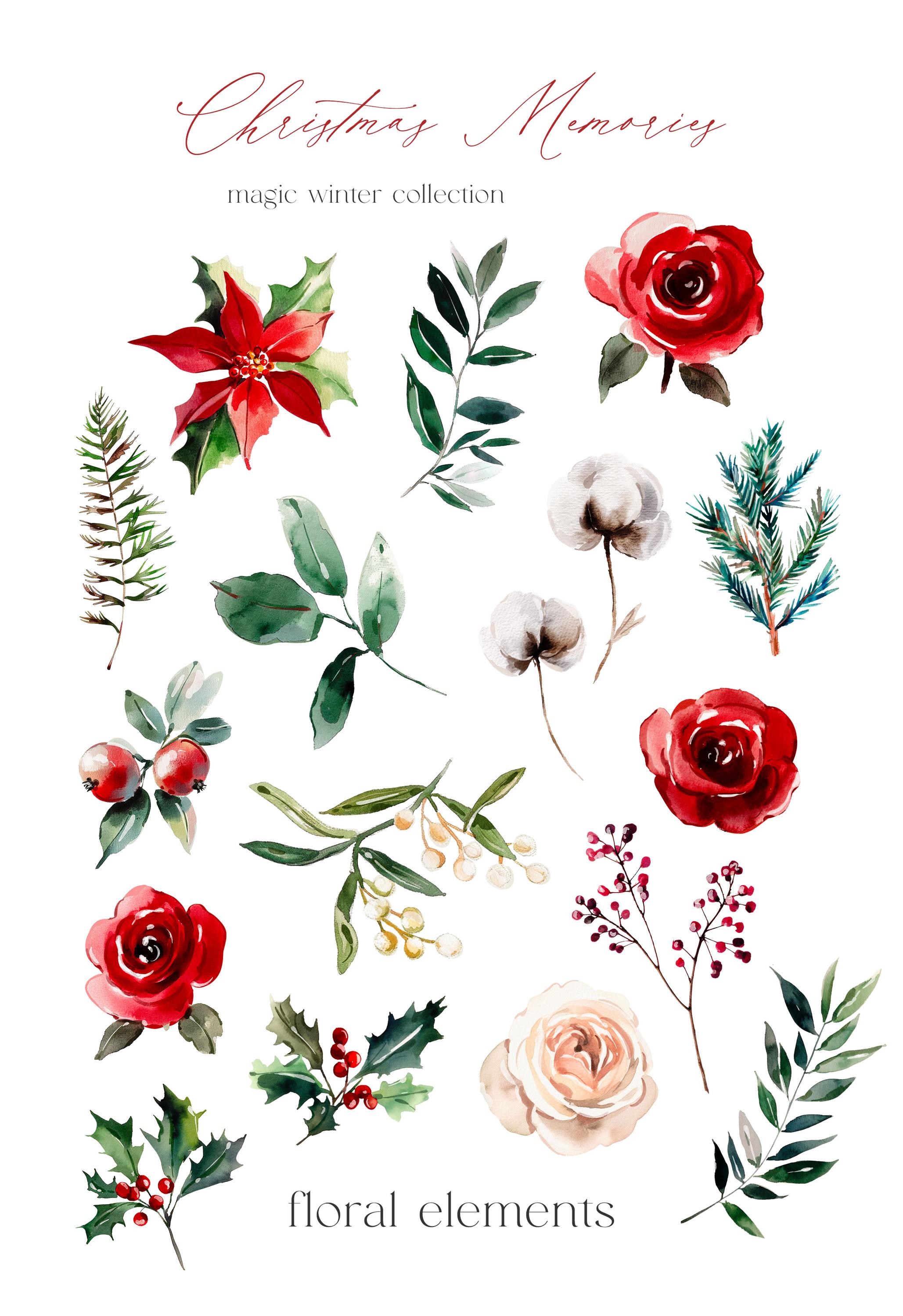 Christmas Watercolor Clipart - Christmas Florals - Floral Elements ...