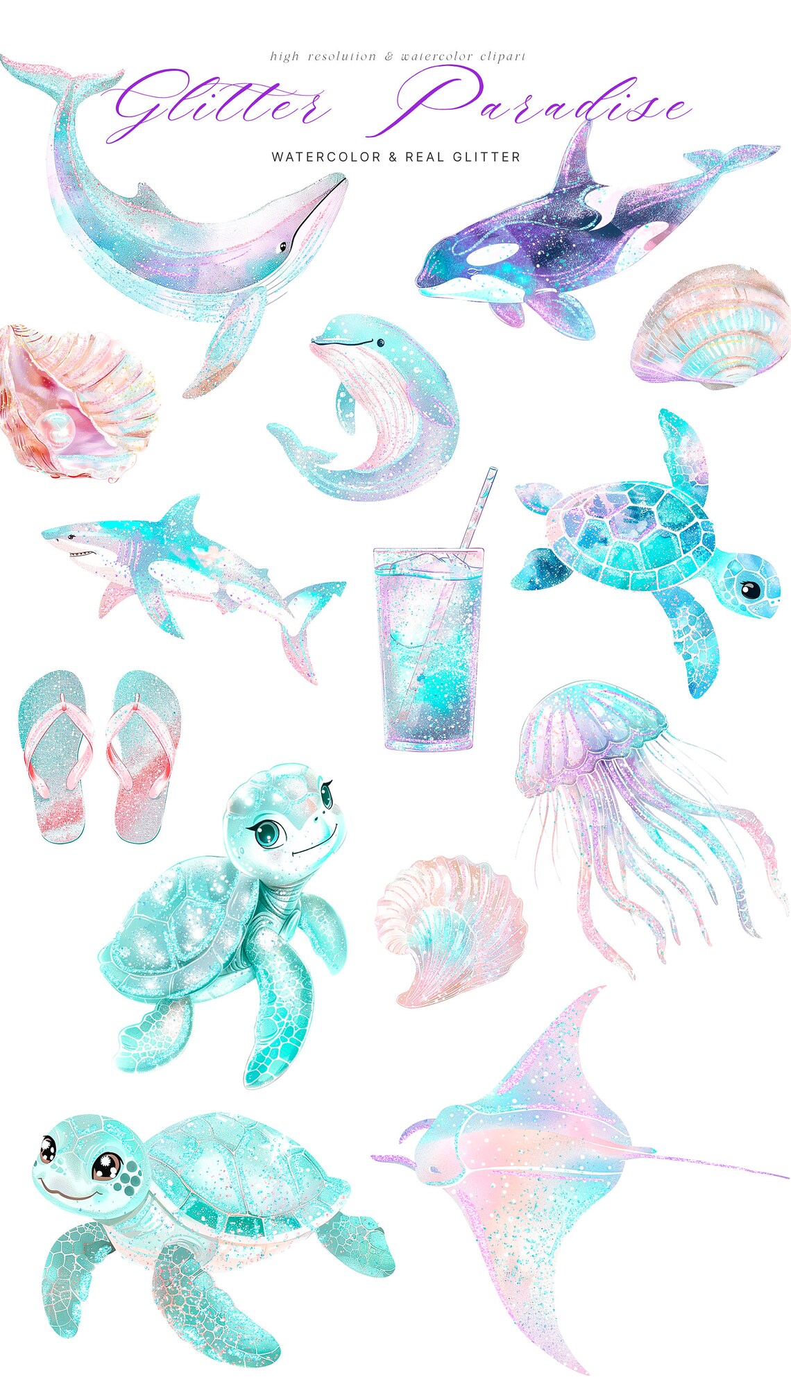 Glittery Sea Creatures Watercolor Clipart - Ocean Clipart - Clipart for ...