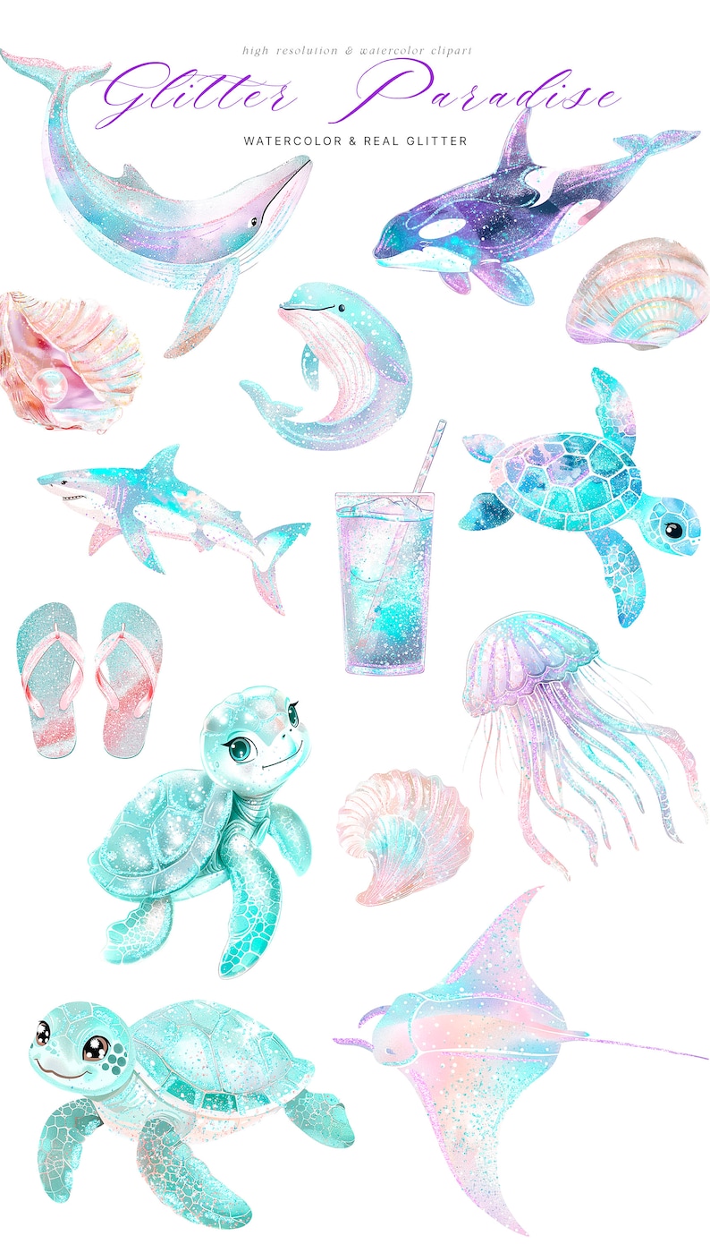 Glittery Sea Creatures Watercolor Clipart - Ocean Clipart - Clipart for ...
