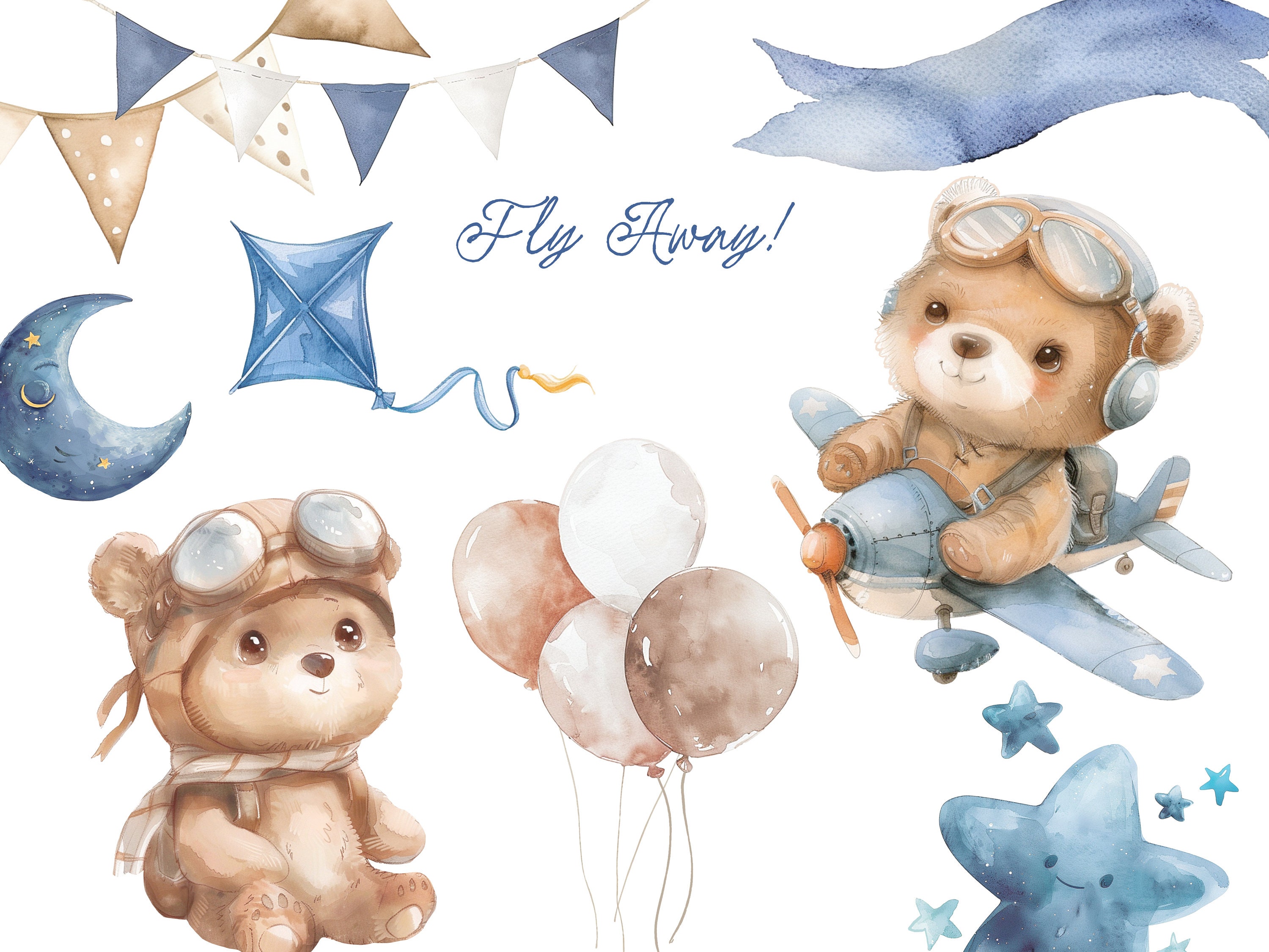 Cute Aviator Bear Clipart - Airplanes & Bears - Watercolor Bears - Cute ...