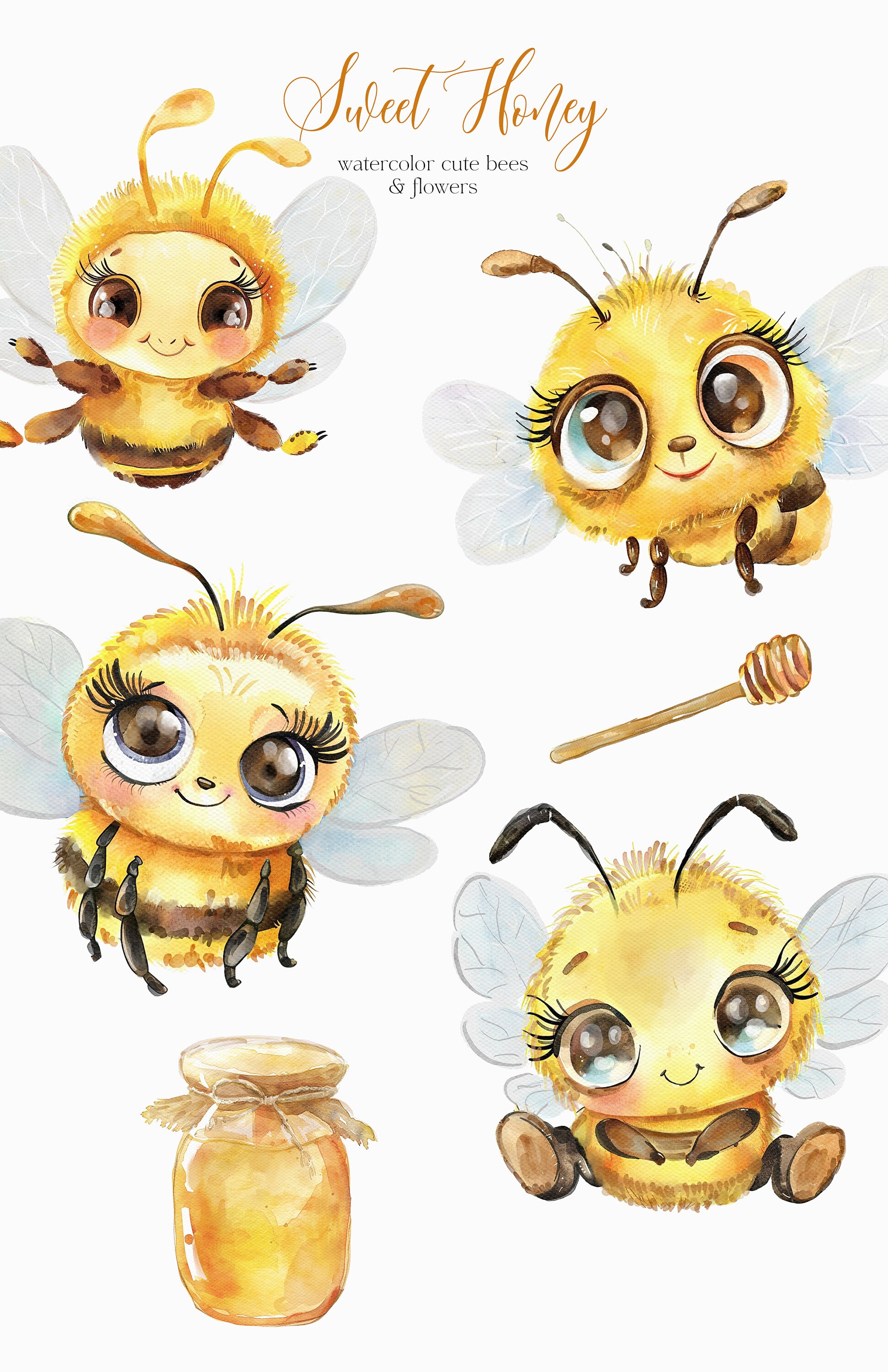 Watercolor Bees and Honey Clipart Watercolor Floral Clipart cute Bees ...