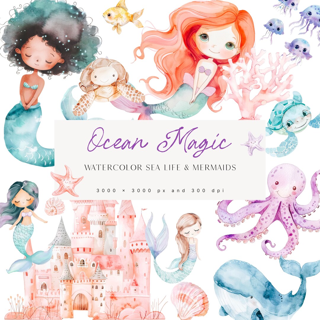 Ocean & Mermaid Clipart - Watercolor Mermaids - Cute Sea Creatures ...