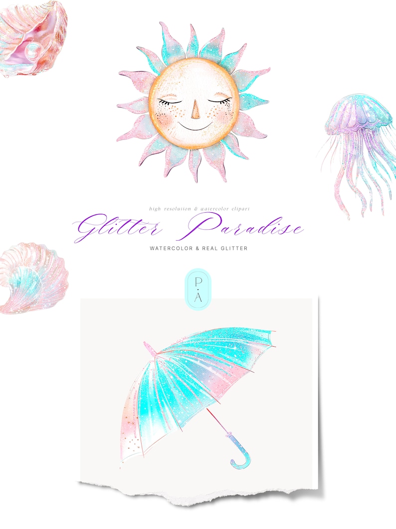 Glittery Sea Creatures Watercolor Clipart - Ocean Clipart - Clipart for ...