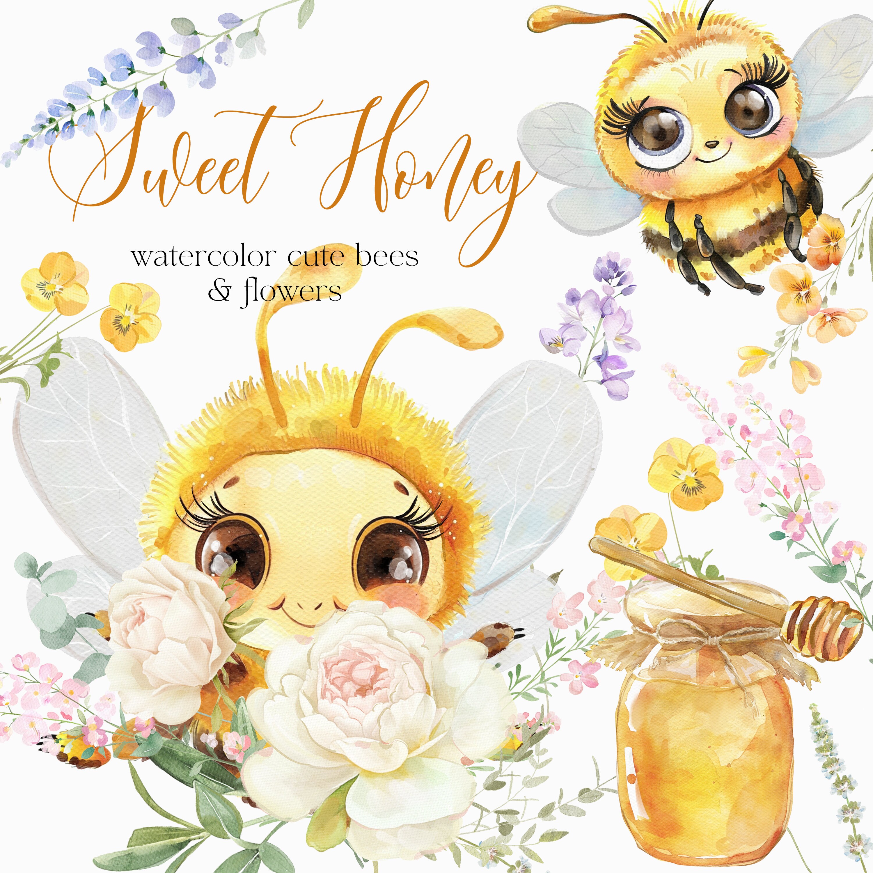 Watercolor Bees and Honey Clipart Watercolor Floral Clipart cute Bees ...