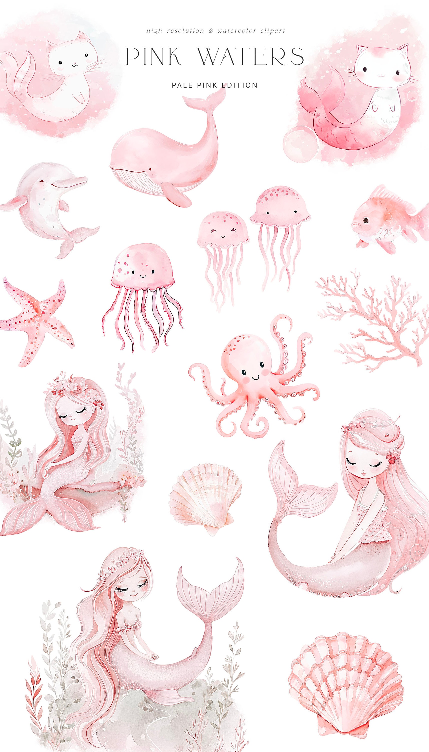 Watercolor Pink Mermaids Clipart Pink Clipart Underwater Clipart ...
